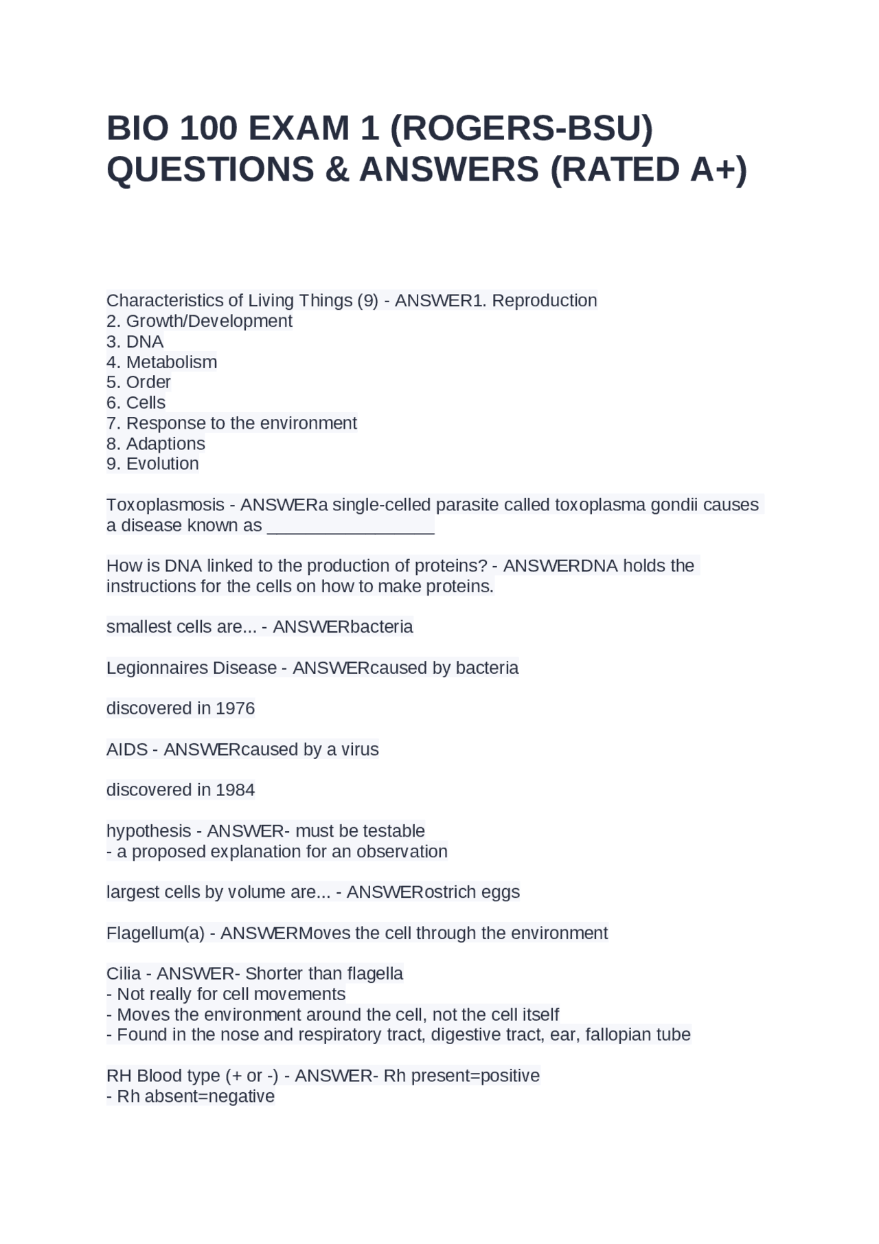 BIO 100 EXAM 1 (ROGERS-BSU) QUESTIONS & ANSWERS (RATED A+) | Exams ...
