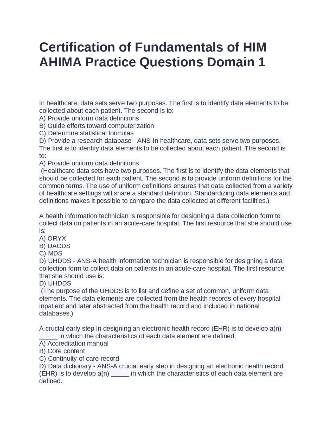 HIM Fundamentals: Practice Questions on Healthcare Data Sets | Exams ...