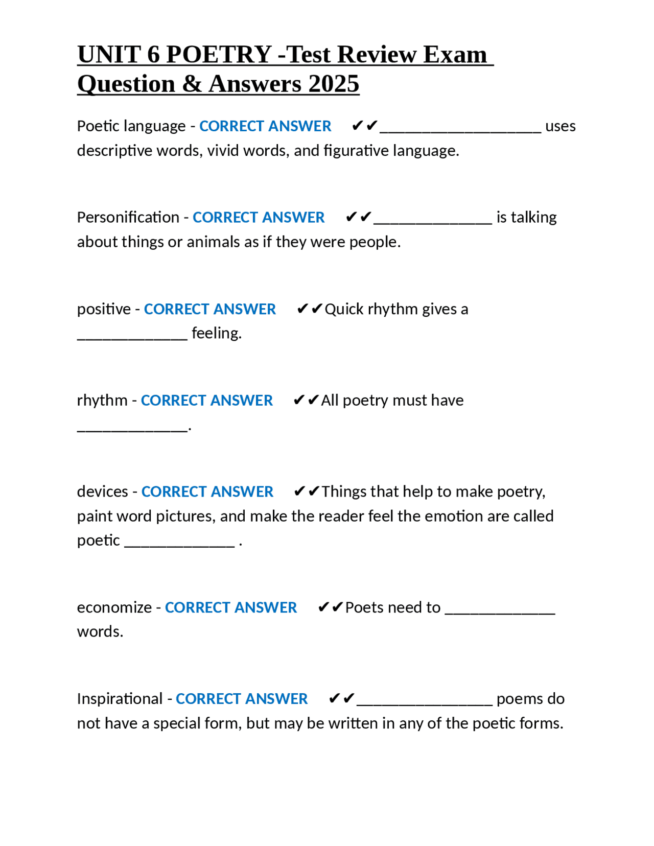 UNIT 6 POETRY -Test Review Exam Question & Answers 2025 | Exams Nursing ...