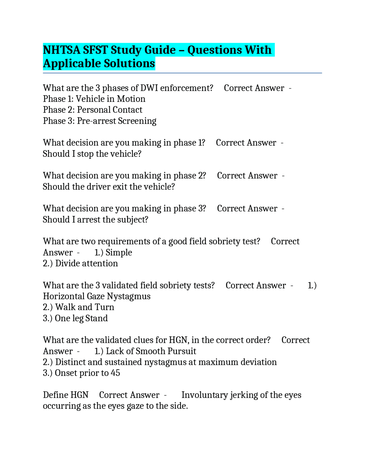 NHTSA SFST Study Guide – Questions With Applicable Solutions | Exams ...
