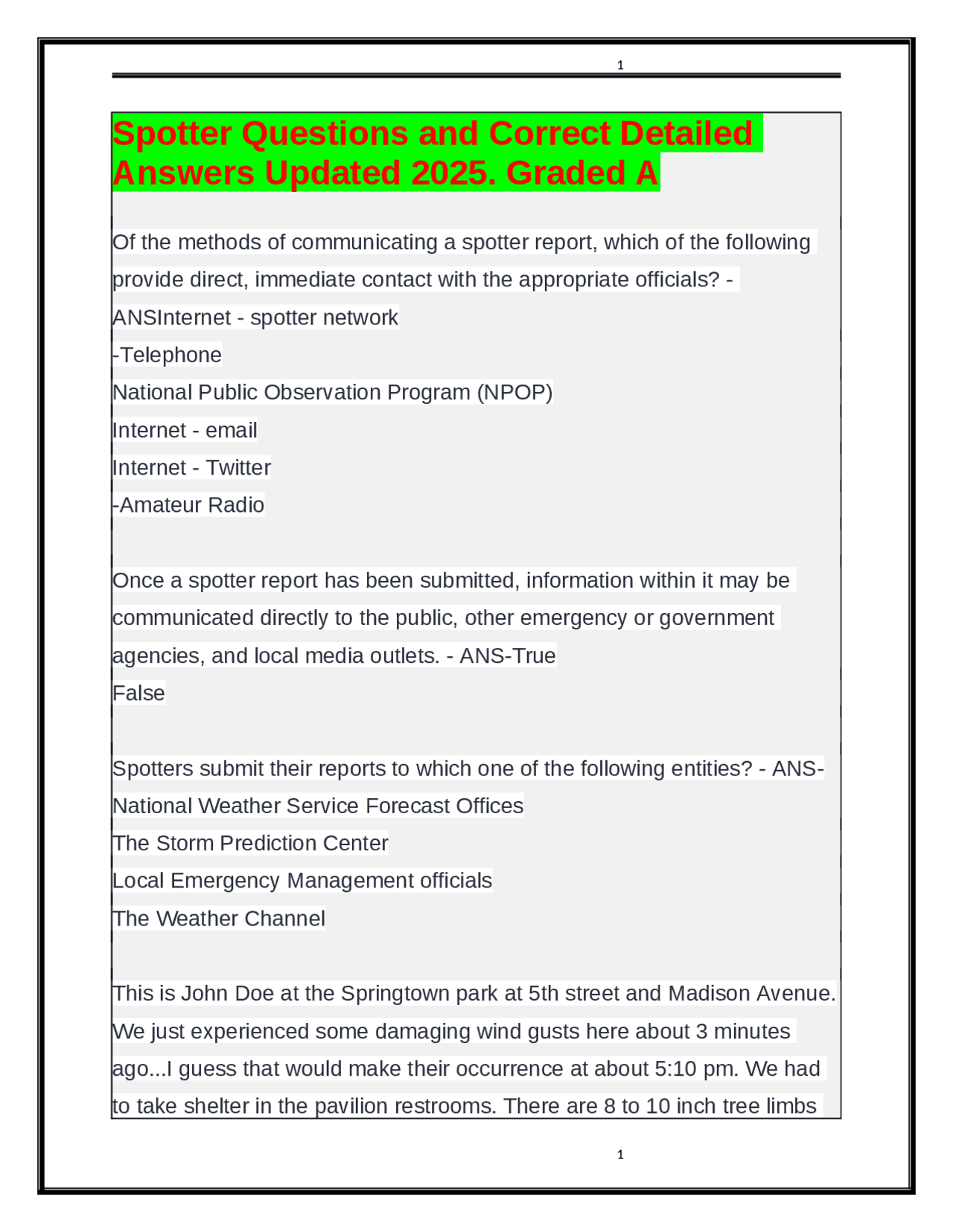 Spotter Questions and Correct Detailed Answers Updated 2025. Graded A ...