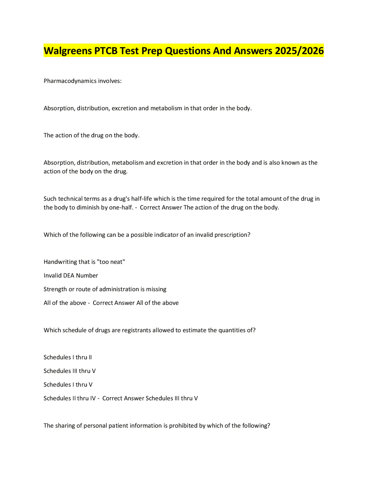 Walgreens PTCB Prep Questions And 100% Correct Answers | Exams Nursing ...