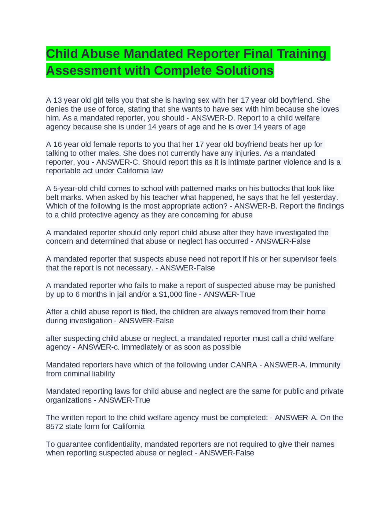 Child Abuse Mandated Reporter Final Training Assessment | Exams Social ...