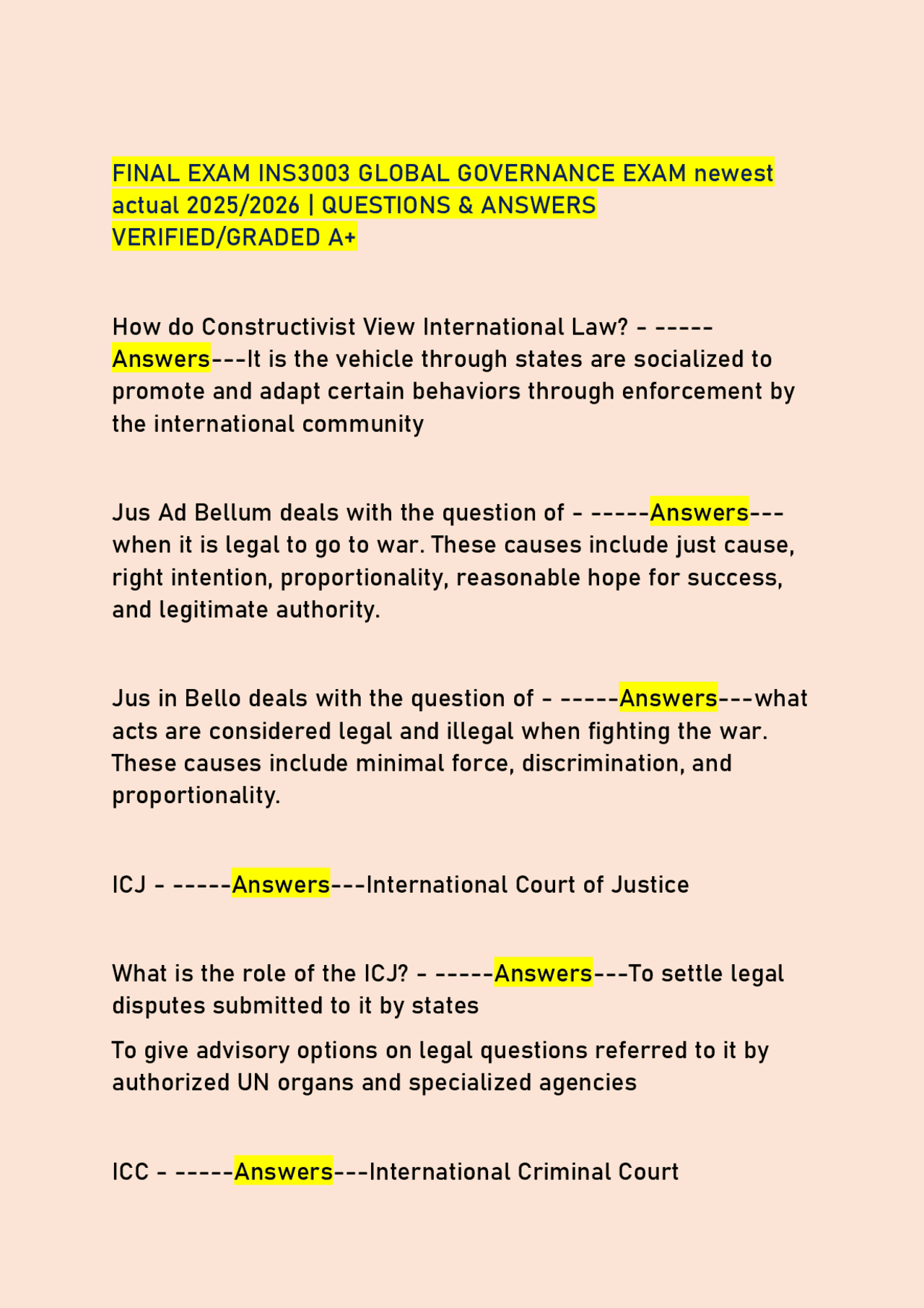 FINAL EXAM INS3003 GLOBAL GOVERNANCE EXAM newest actual 2025/2026 ...