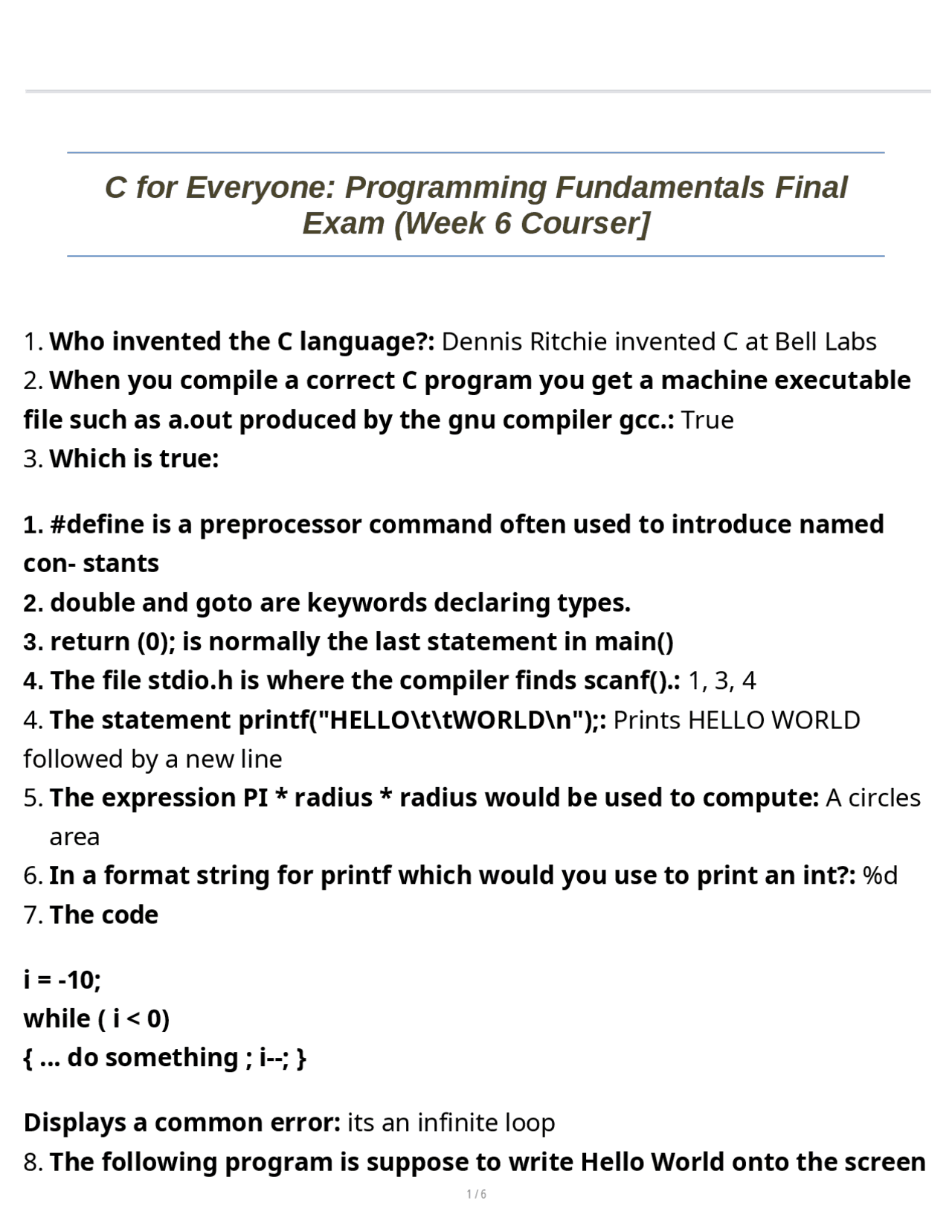 C for Everyone: Programming Fundamentals Final Exam (Week 6 Courser] | Exams Advanced Education ...