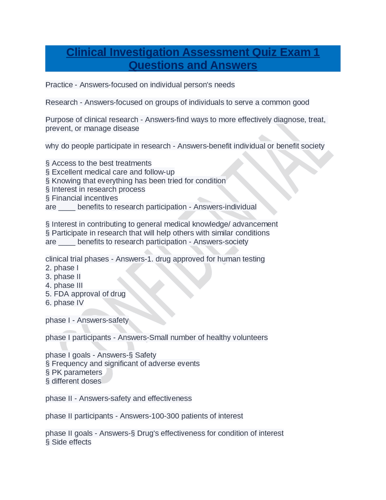 Clinical Investigation Assessment Quiz Exam 1 Questions and Answers ...