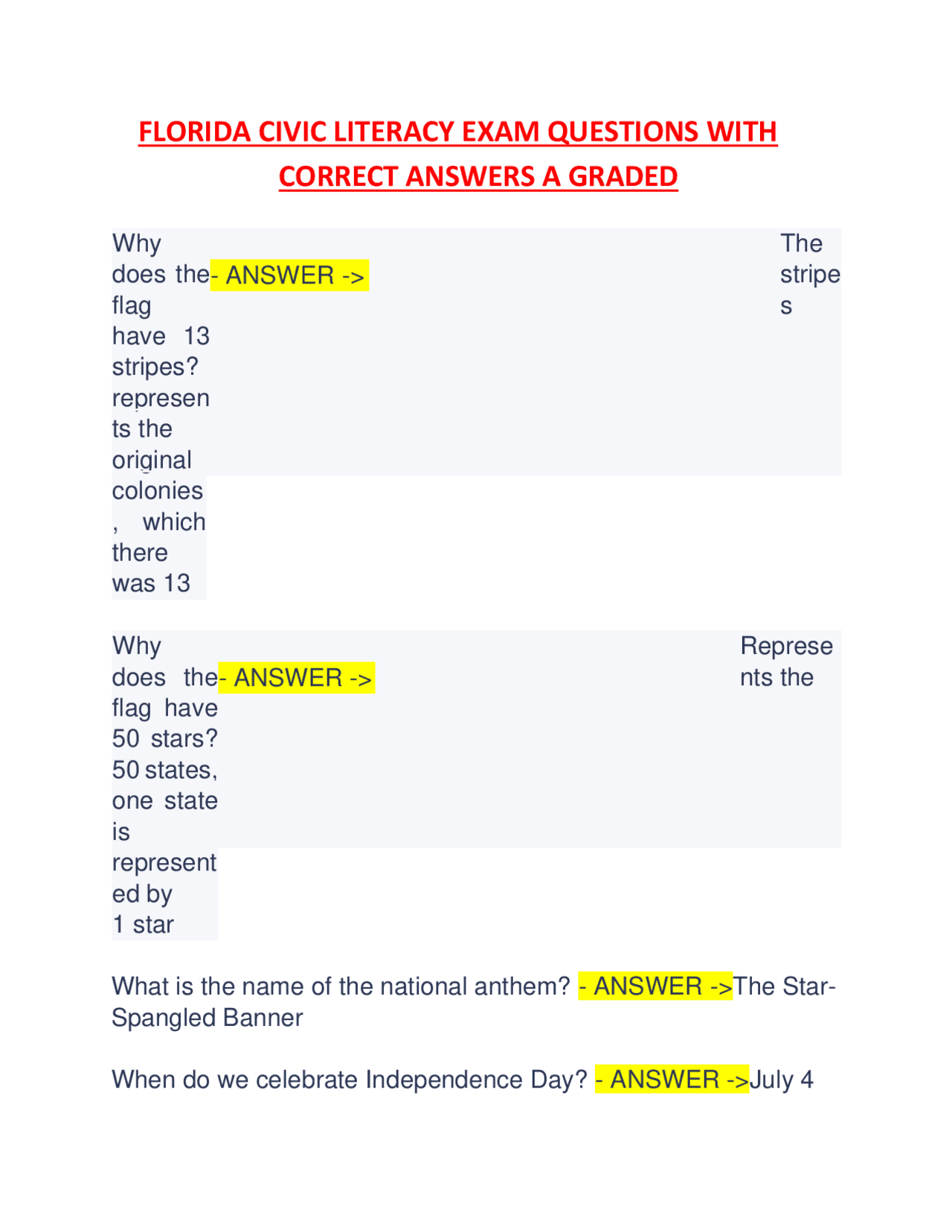 Florida Civic Literacy Exam: Questions and Answers Study Guide | Exams ...