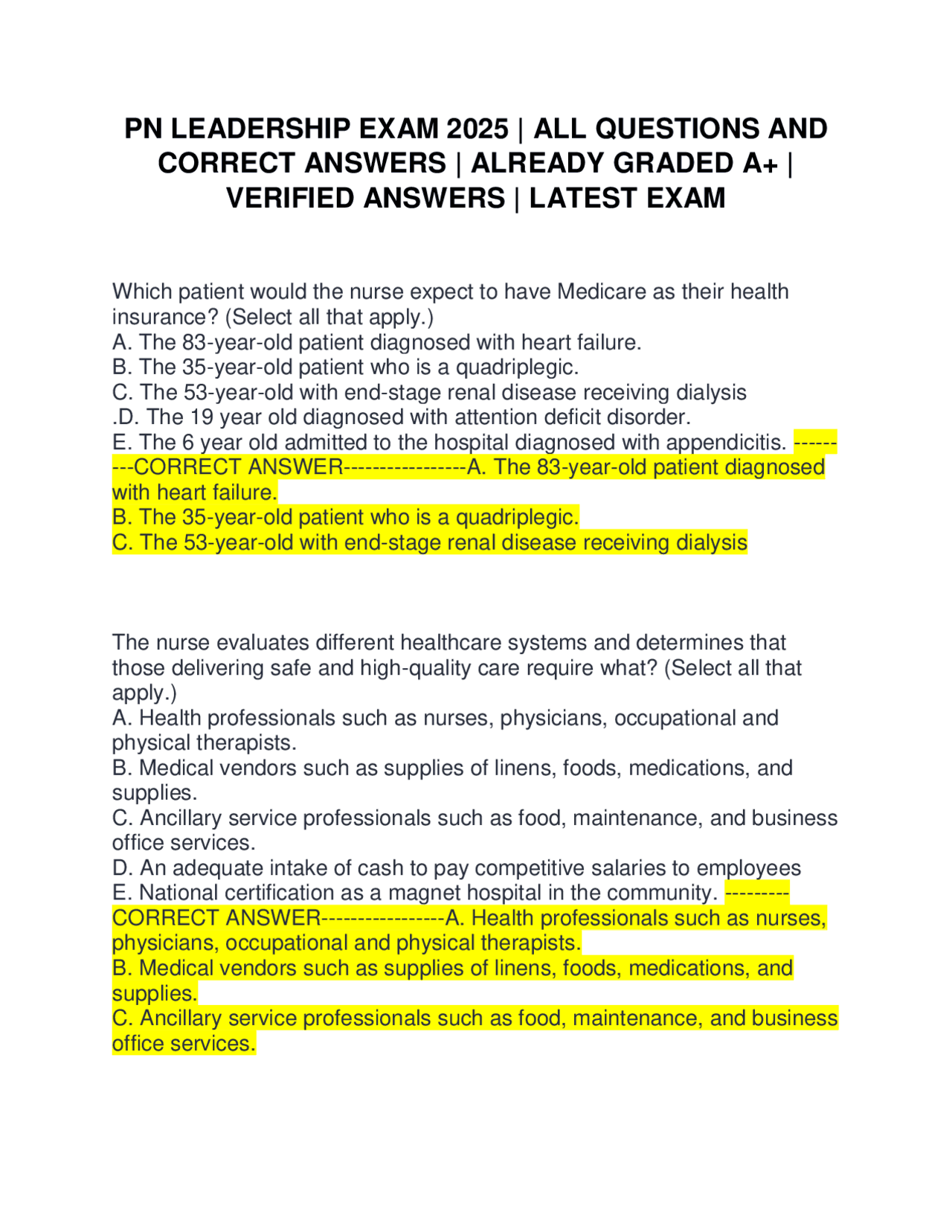 PN Leadership Exam Prep: Questions and Verified Answers for Nurses | Exams Leadership and Team ...