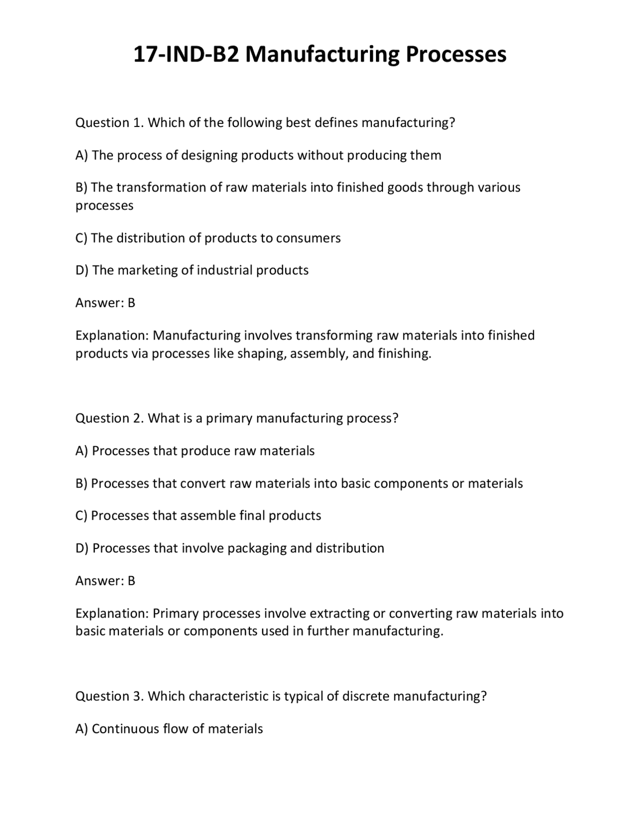 17-IND-B2 Manufacturing Processes | Exams Technology | Docsity