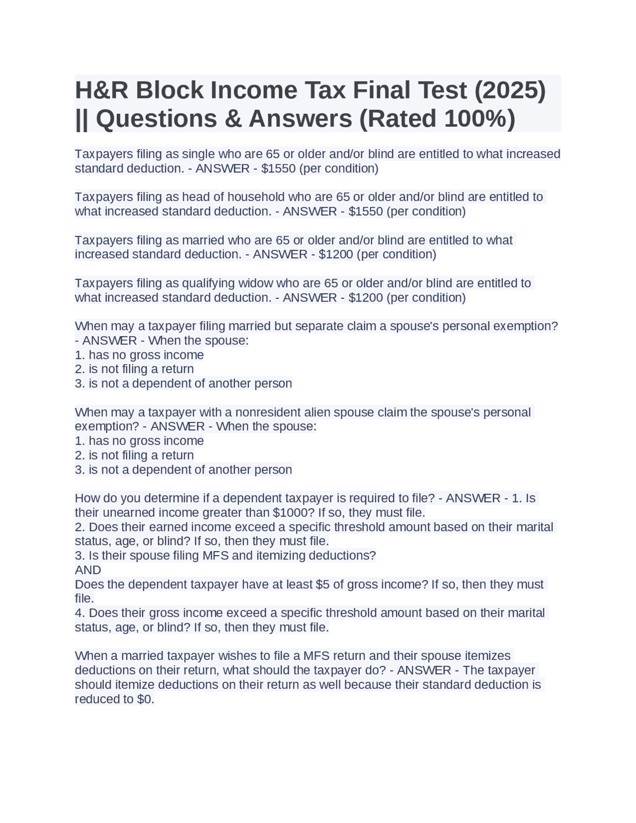 H&R Block Income Tax Final Test (2025) || Questions & Answers (Rated ...