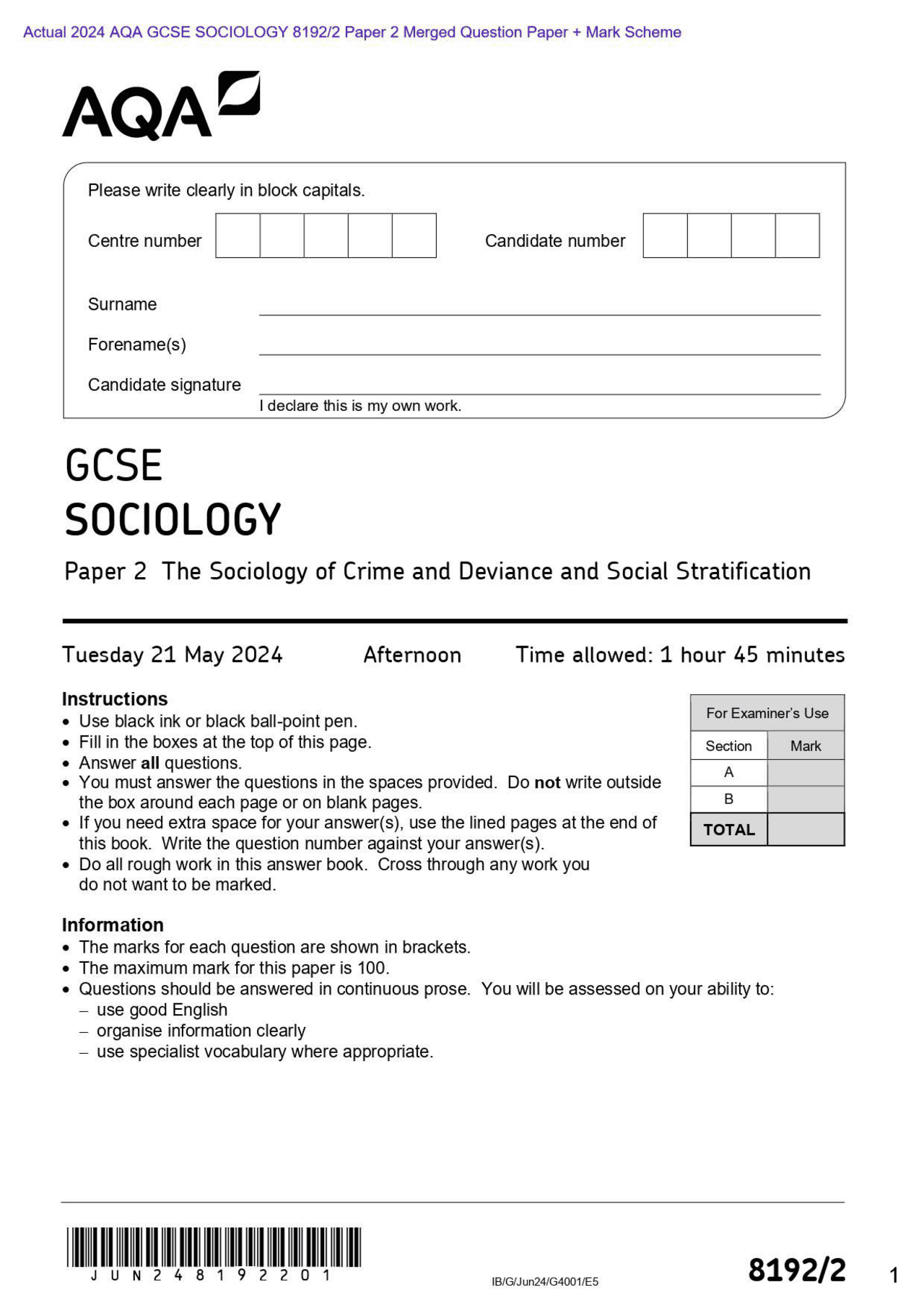 Actual 2025 AQA GCSE SOCIOLOGY 8192/2 Paper 2 Merged Question Paper ...