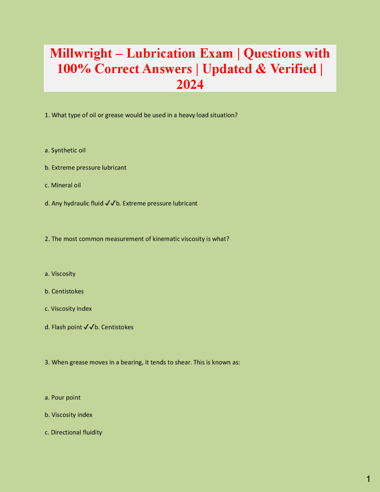 Millwright – Lubrication Exam | Questions with 100% Correct Answers ...