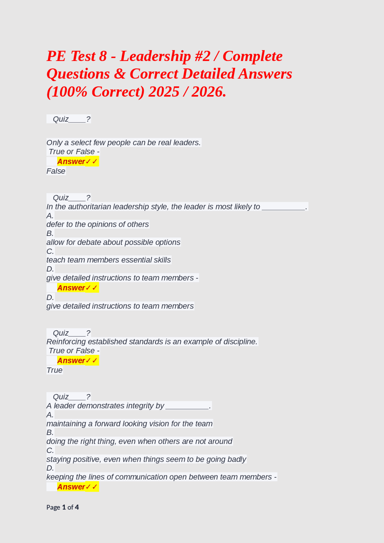 Leadership Principles and Styles Quiz: Questions and Answers | Exams ...