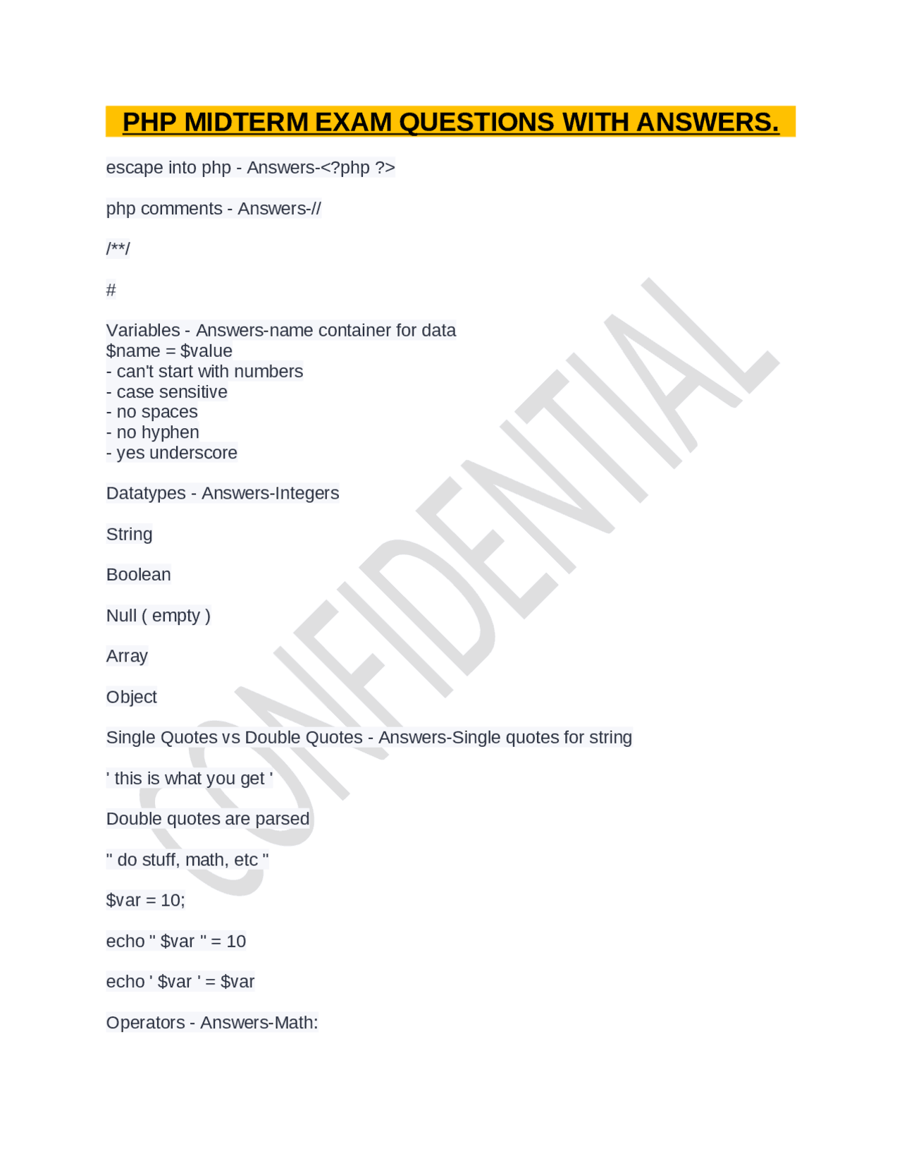 PHP MIDTERM EXAM QUESTIONS WITH ANSWERS. | Exams Nursing | Docsity