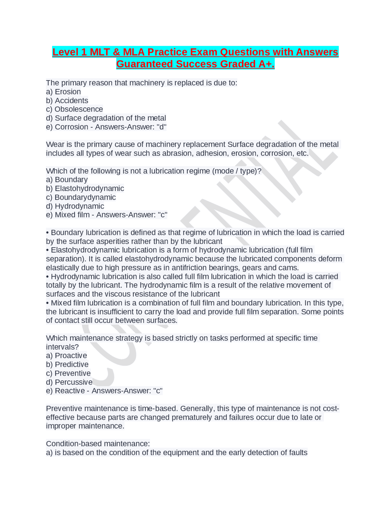 Level 1 MLT & MLA Practice Exam Questions with Answers Guaranteed ...