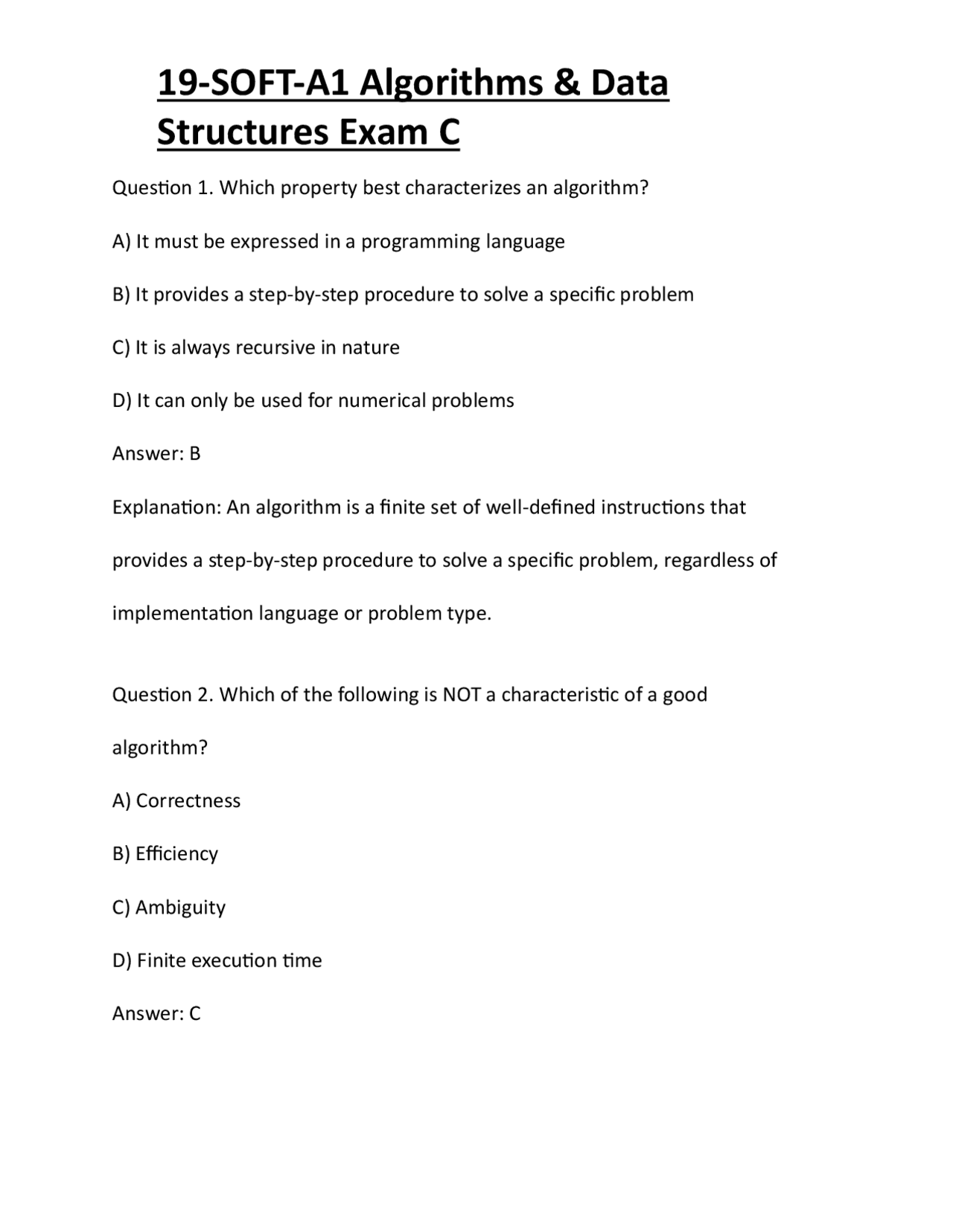 19-SOFT-A1 Algorithms & Data Structures Exam C | Exams Technology | Docsity