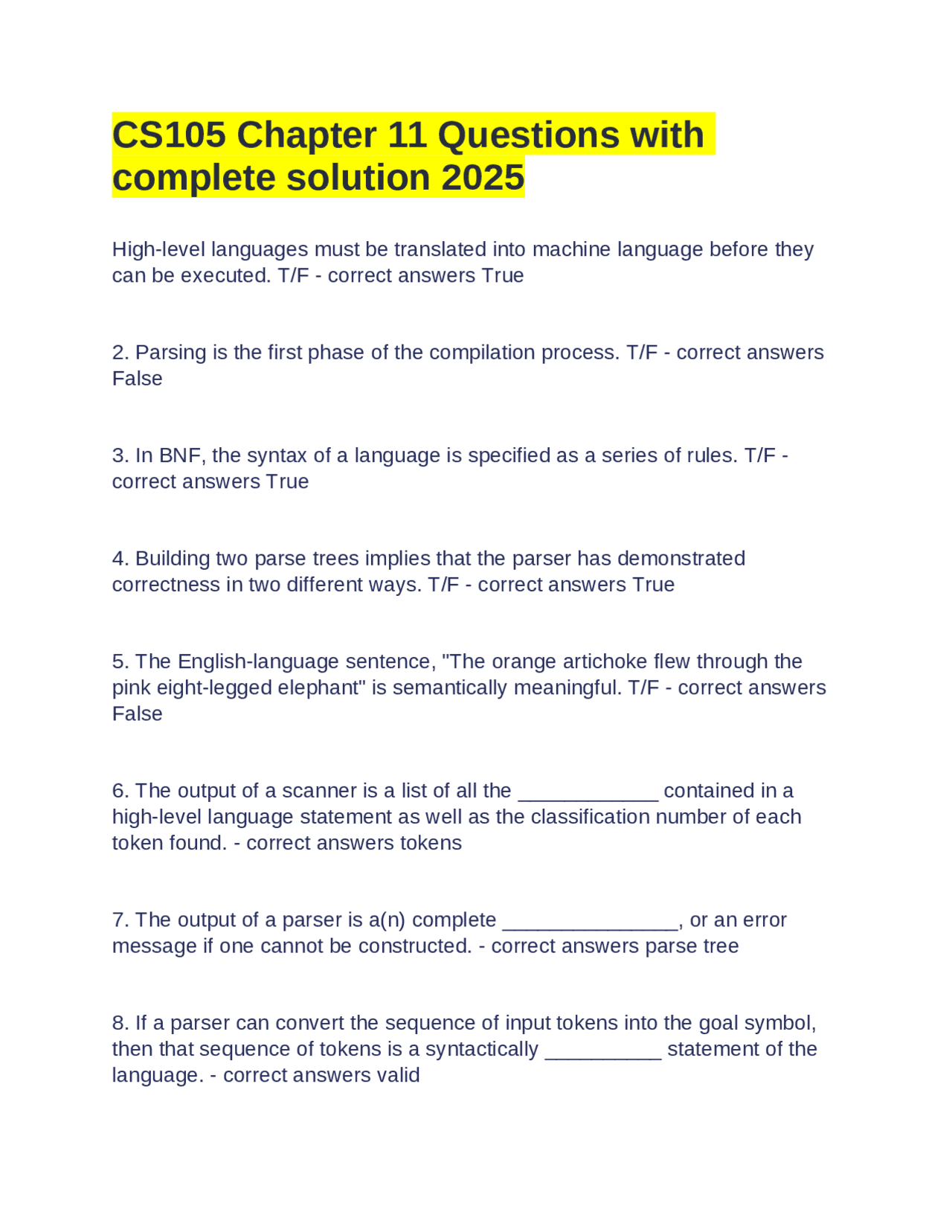 CS105 Chapter 11 Questions with complete solution 2025 | Exams Computer Science | Docsity