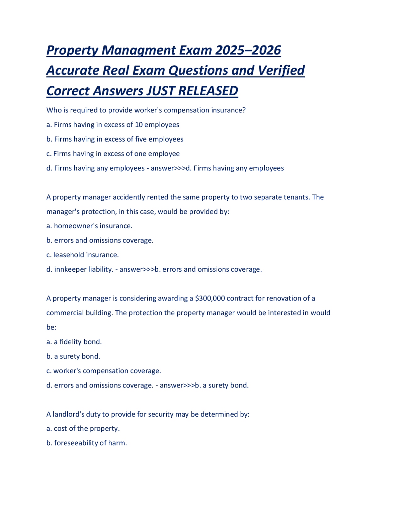 Property Management Exam 2025–2026 – Comprehensive Verified Questions ...