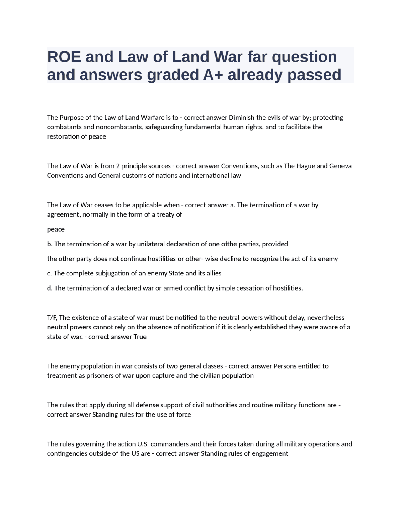 Law of Land Warfare and ROE: Questions and Answers | Exams Nursing ...