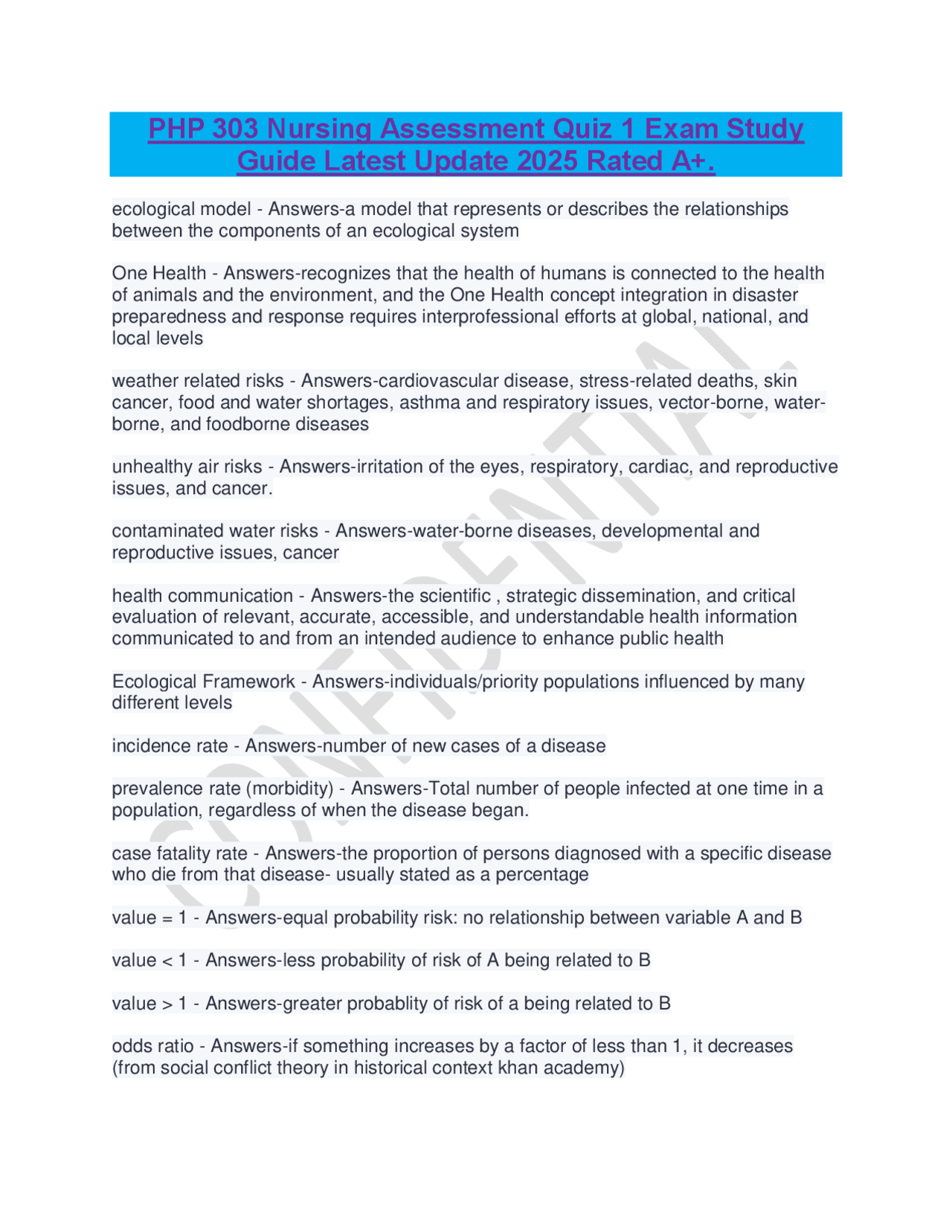 PHP 303 Nursing Assessment Quiz 1 Exam Study Guide Latest Update 2025 ...