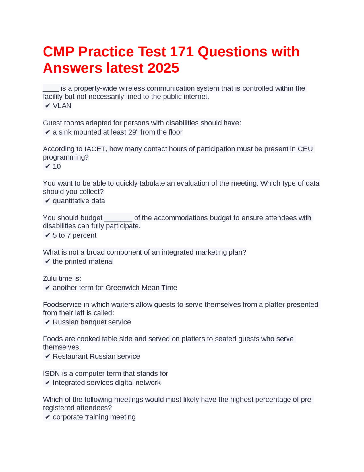 CMP Exam Prep: Practice Questions and Answers for Event Planning | Exams Social Sciences | Docsity