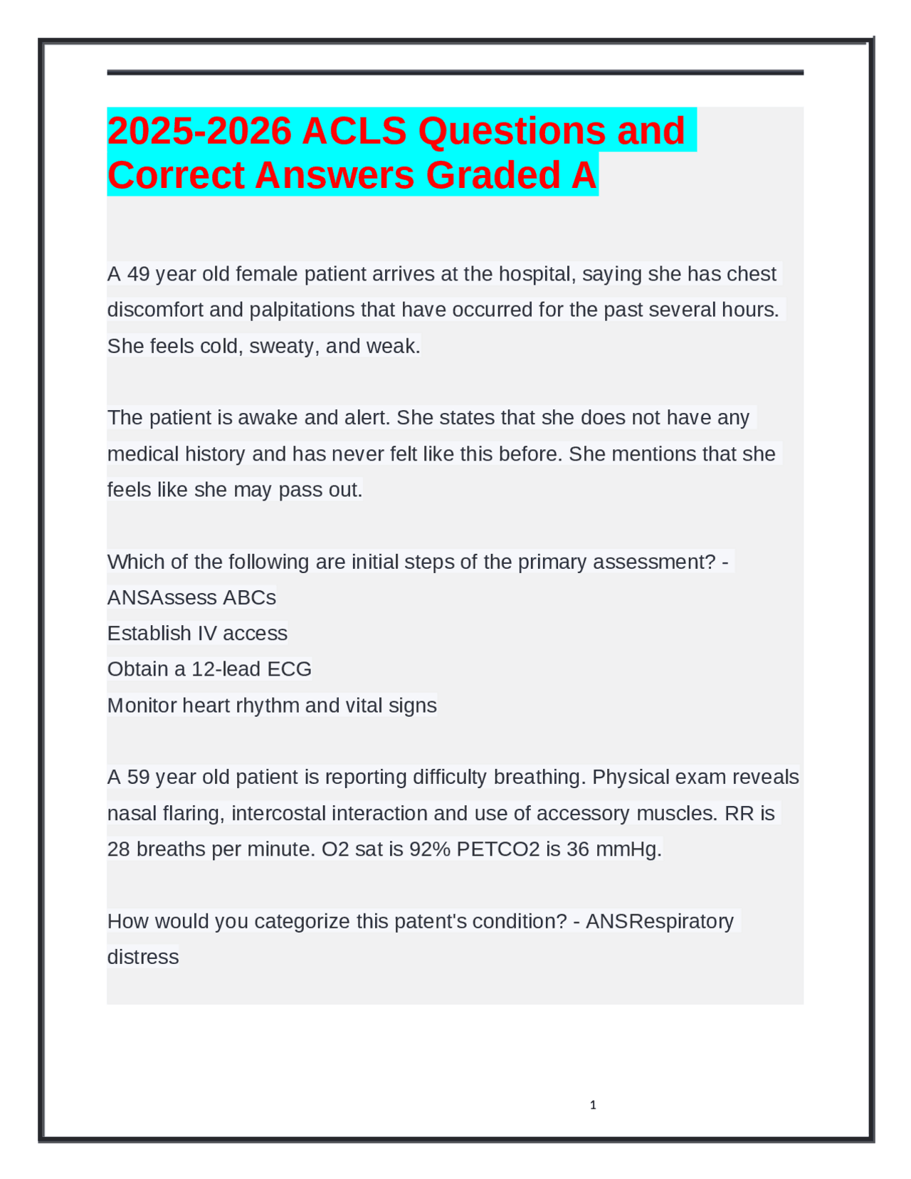 2025-2026 ACLS Questions and Correct Answers Graded A | Exams Medical ...