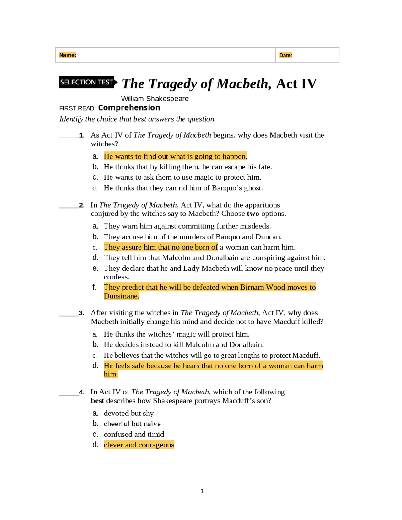 Macbeth Act IV: Selection Test for Grade 12 | Exams Nursing | Docsity