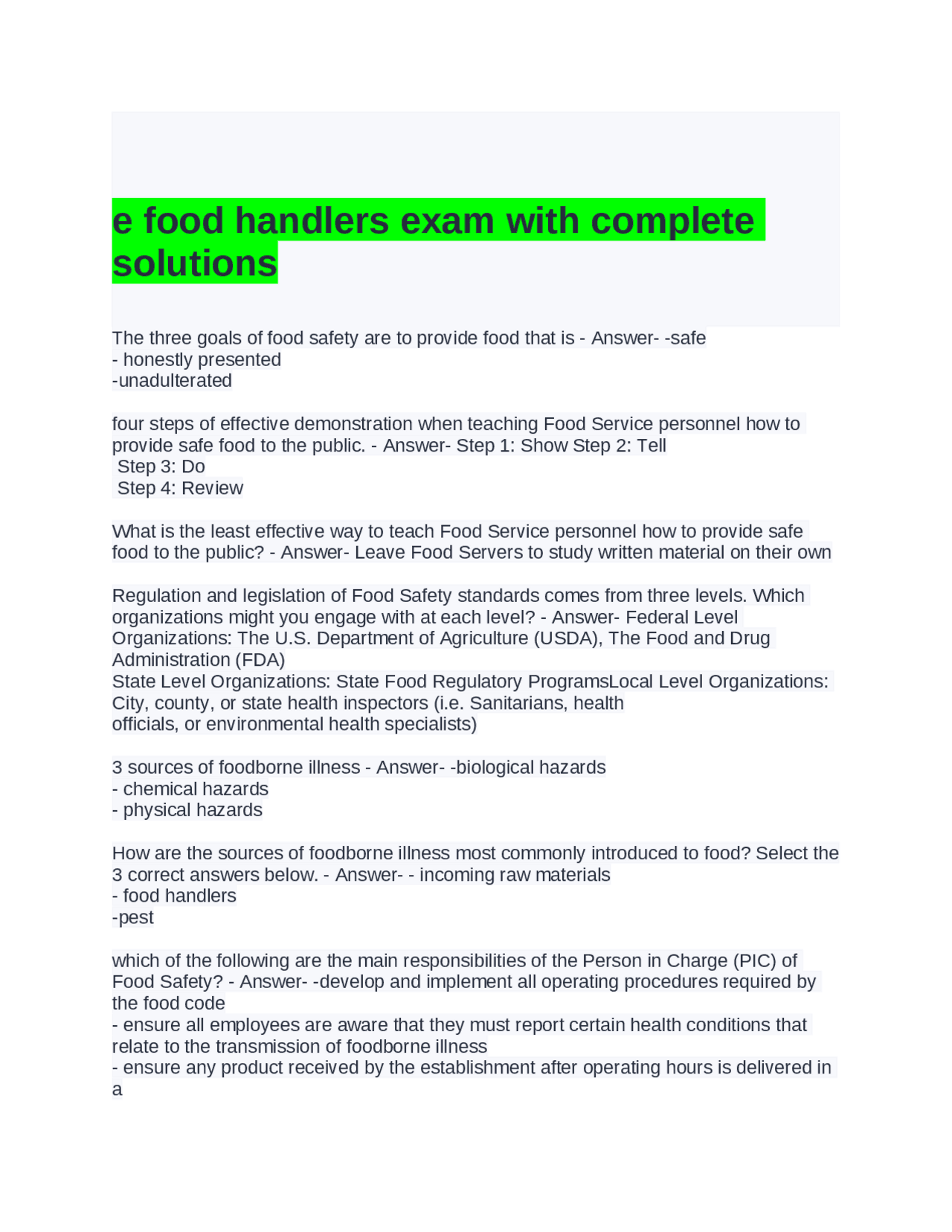 e food handlers exam with complete solutions | Exams Advanced Education ...