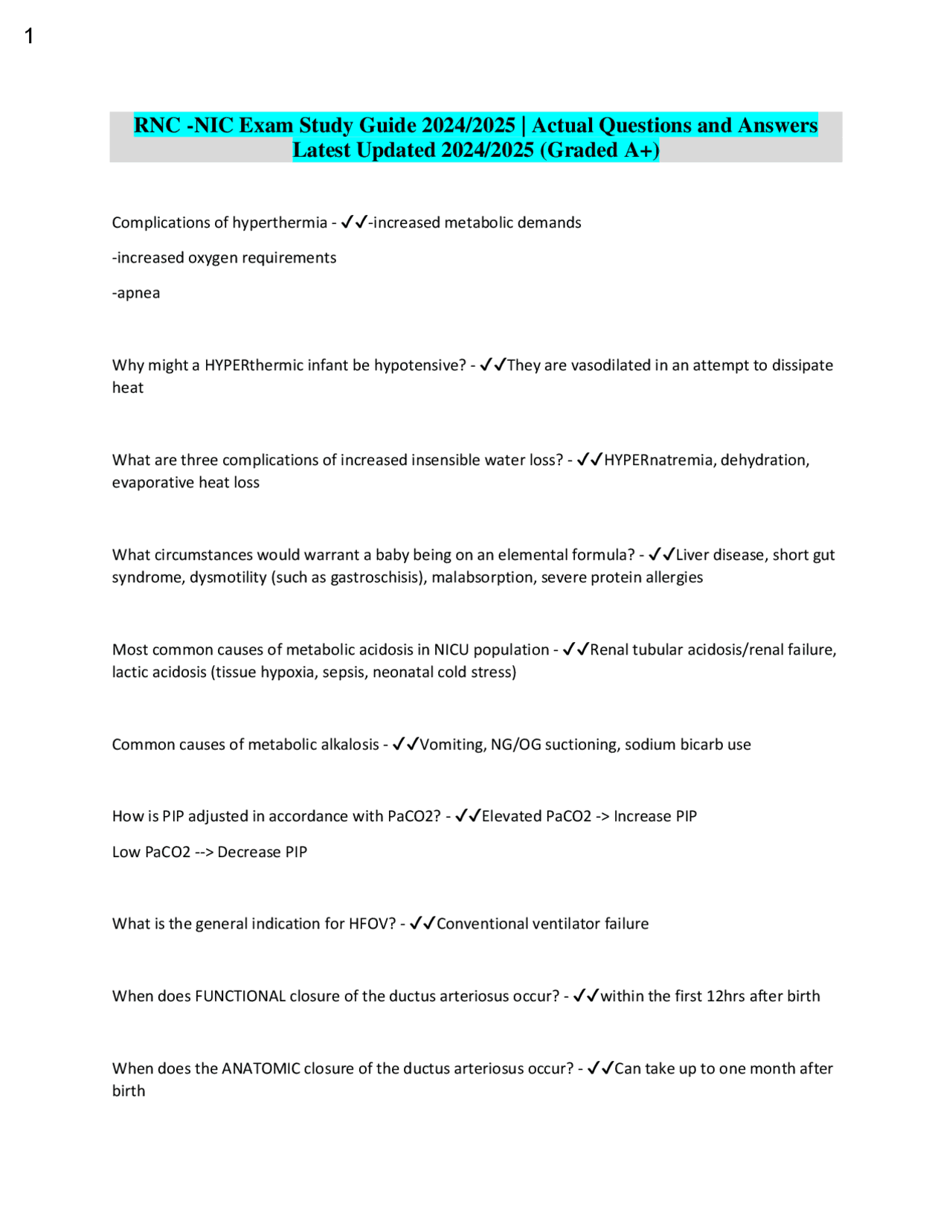RNC -NIC Exam Study Guide 2024/2025 | Actual Questions and Answers ...