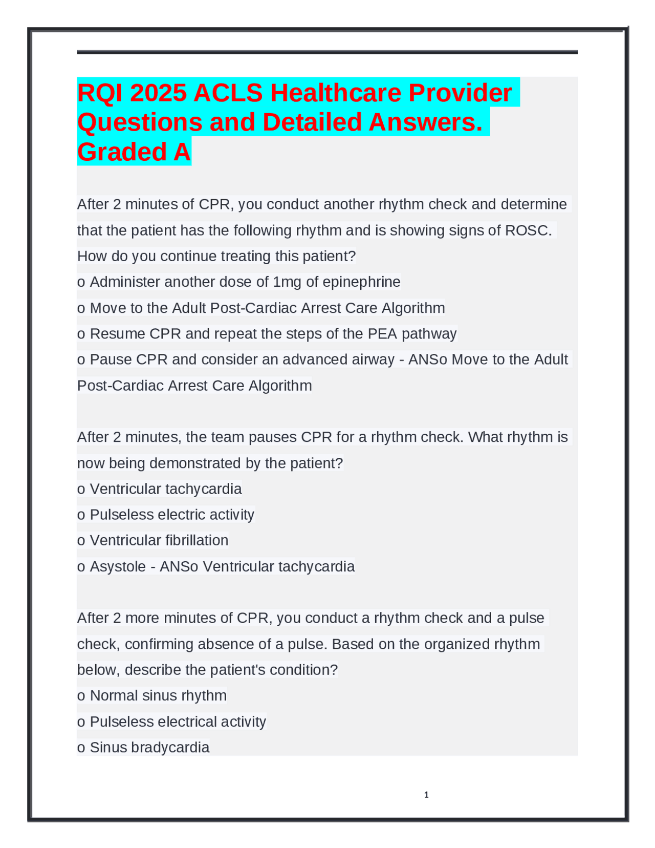 RQI 2025 ACLS Healthcare Provider Questions and Detailed Answers ...