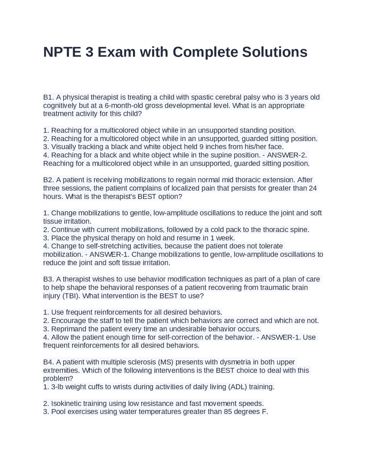 NPTE 3 Exam with Complete Solutions | Exams Advanced Education | Docsity