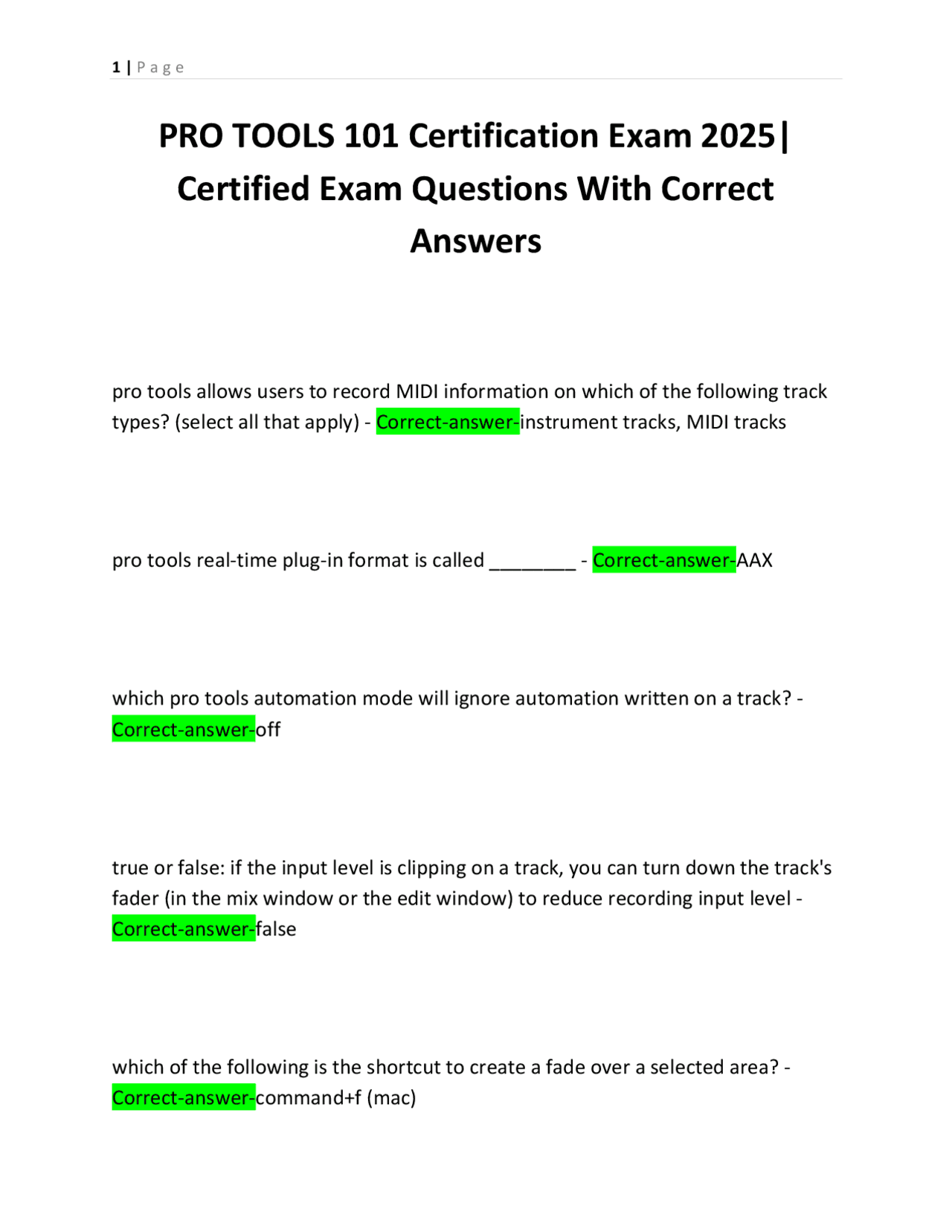 PRO TOOLS 101 Certification Exam 2025| Certified Exam Questions With ...