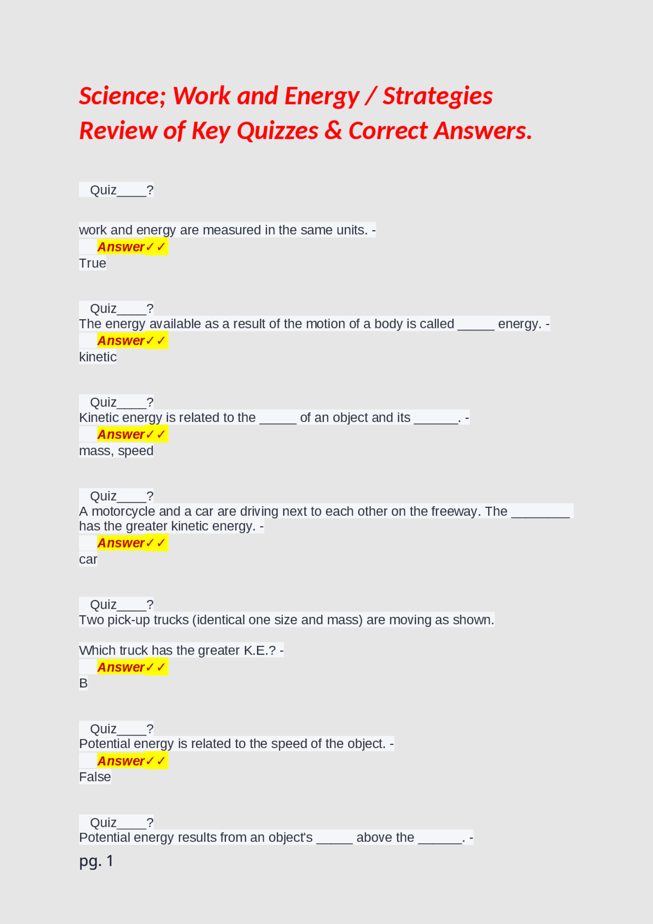 Science; Work and Energy / Strategies Review of Key Quizzes & Correct ...