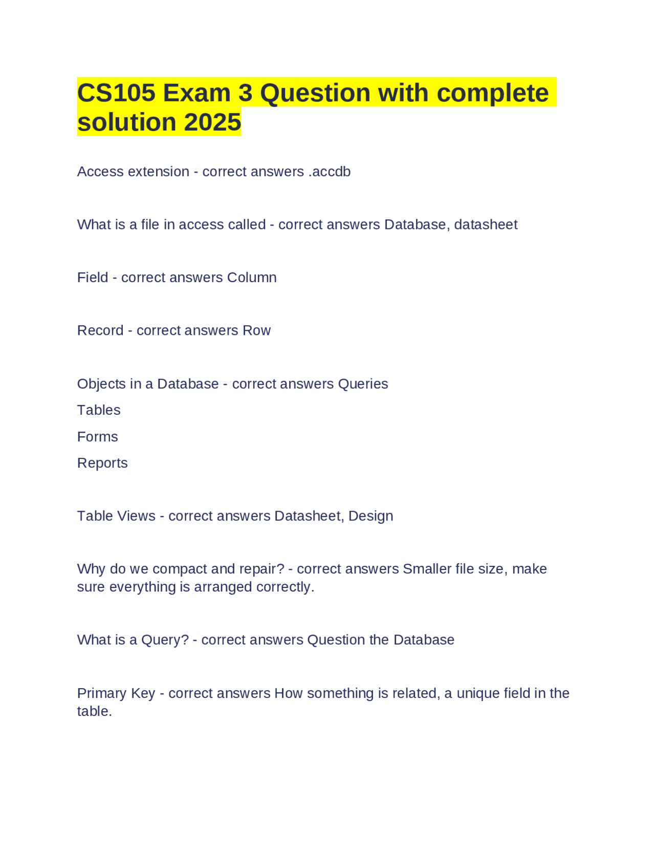 CS105 Exam 3 Question with complete solution 2025 | Exams Computer Science | Docsity