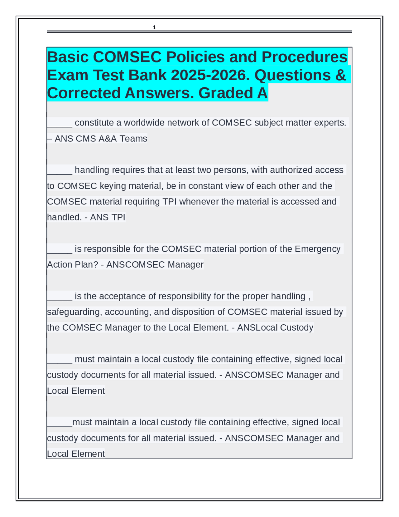 Basic COMSEC Policies and Procedures Exam Test Bank 2025-2026 ...