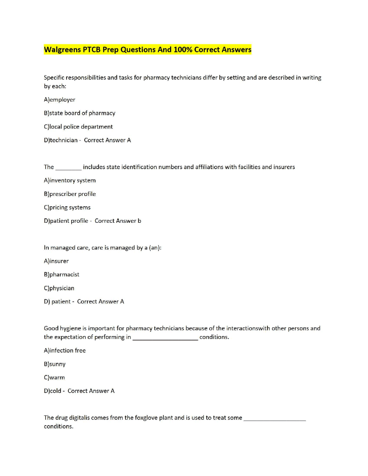 Walgreens PTCB test Exam Questions And Answers 2025/2026 | Exams ...