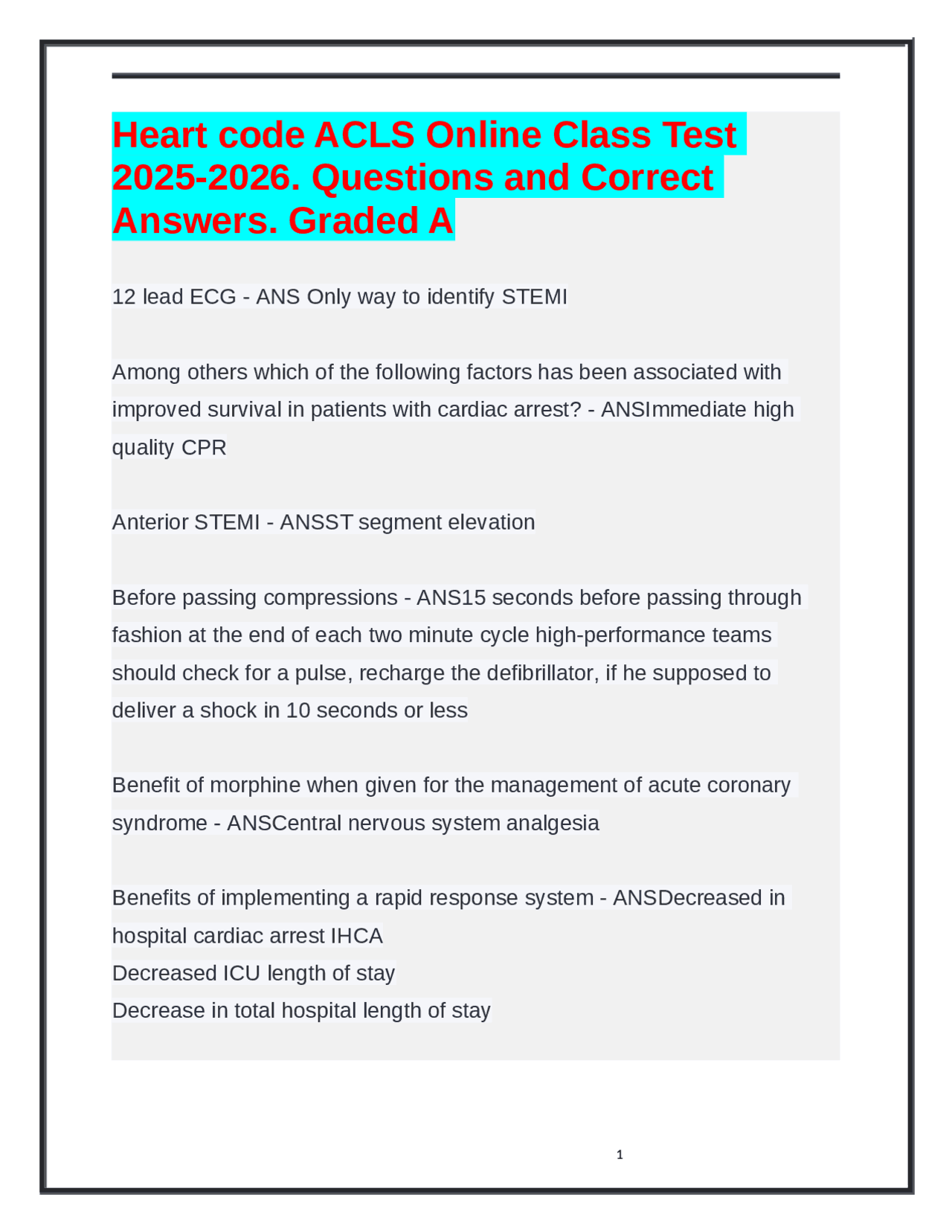 Heart code ACLS Online Class Test 2025-2026. Questions and Correct ...
