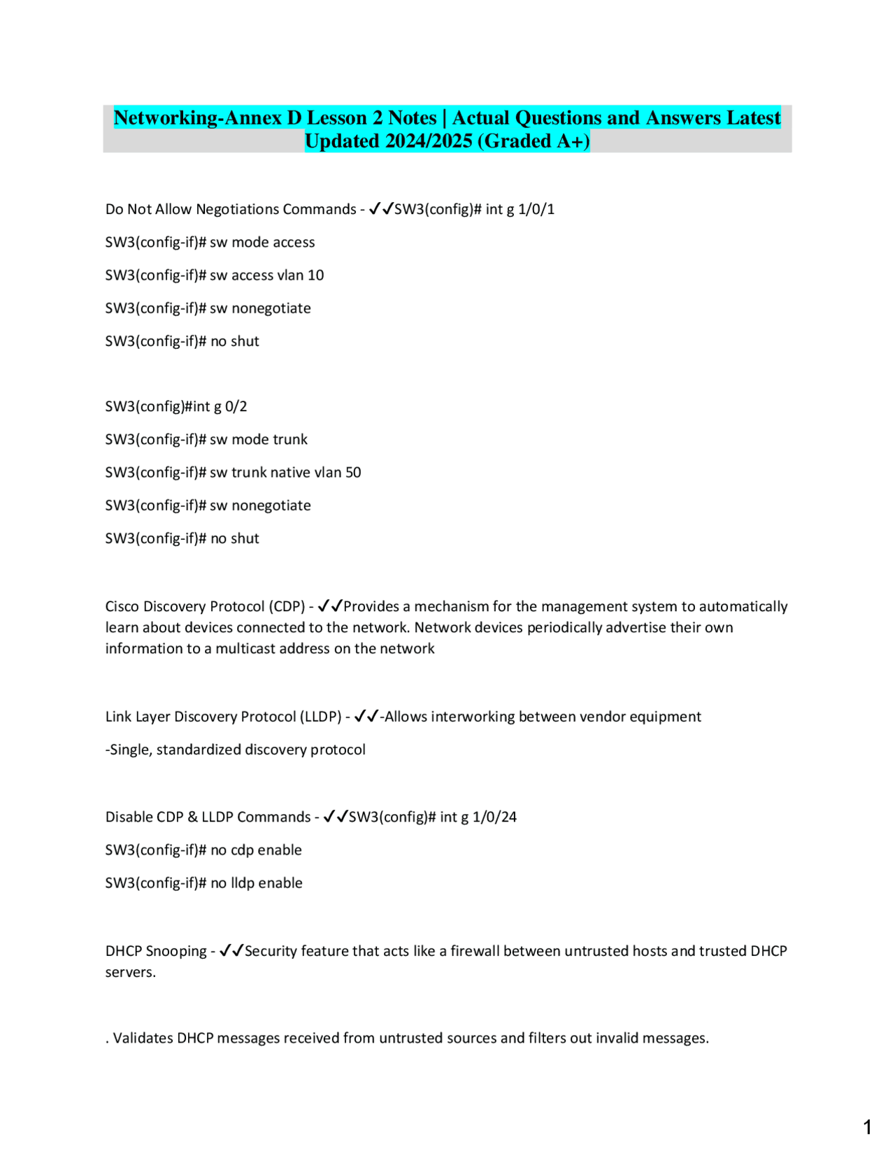 Networking-Annex D Lesson 2 Notes | Actual Questions and Answers Latest ...