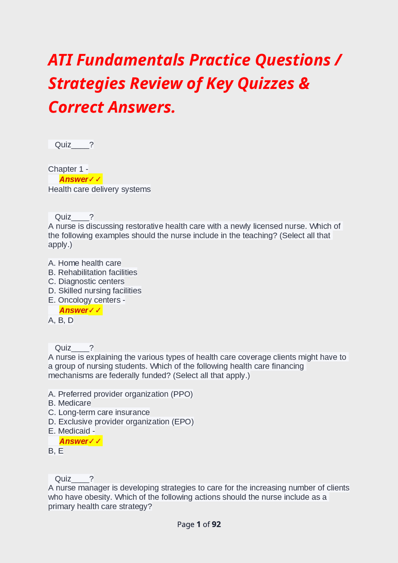 ATI Fundamentals Practice Questions / Strategies Review of Key Quizzes ...