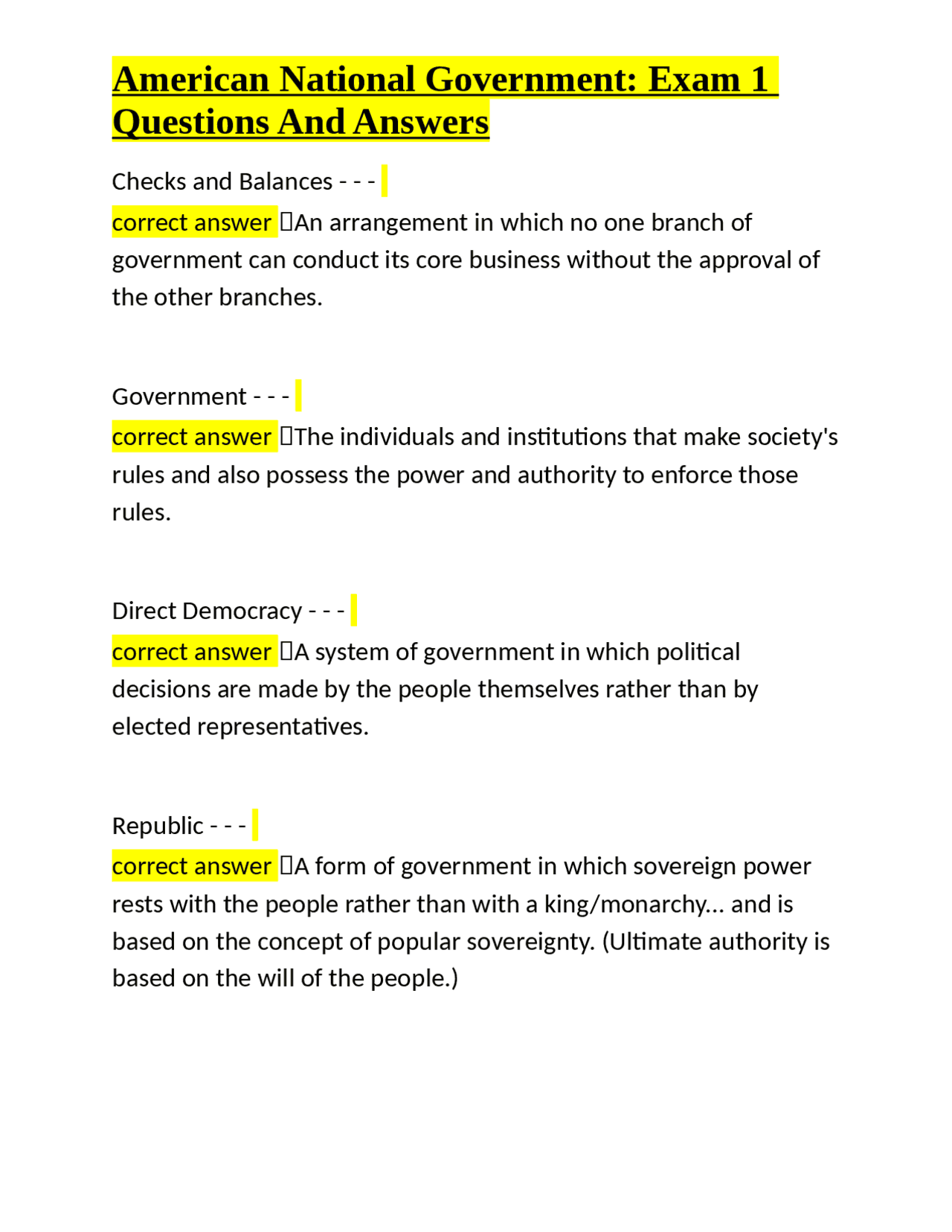 American National Government: Exam 1 Questions And Answers | Exams ...
