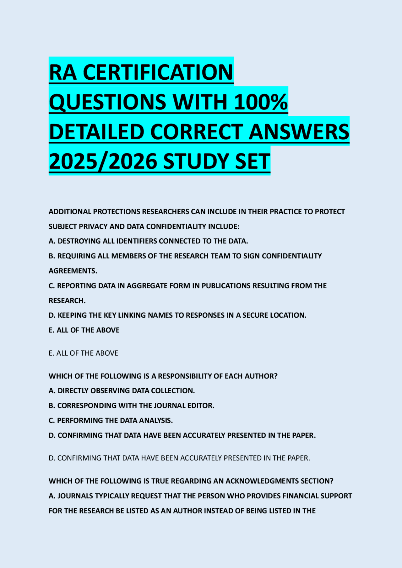 RA CERTIFICATION QUESTIONS WITH 100% DETAILED CORRECT ANSWERS 2025/2026 ...