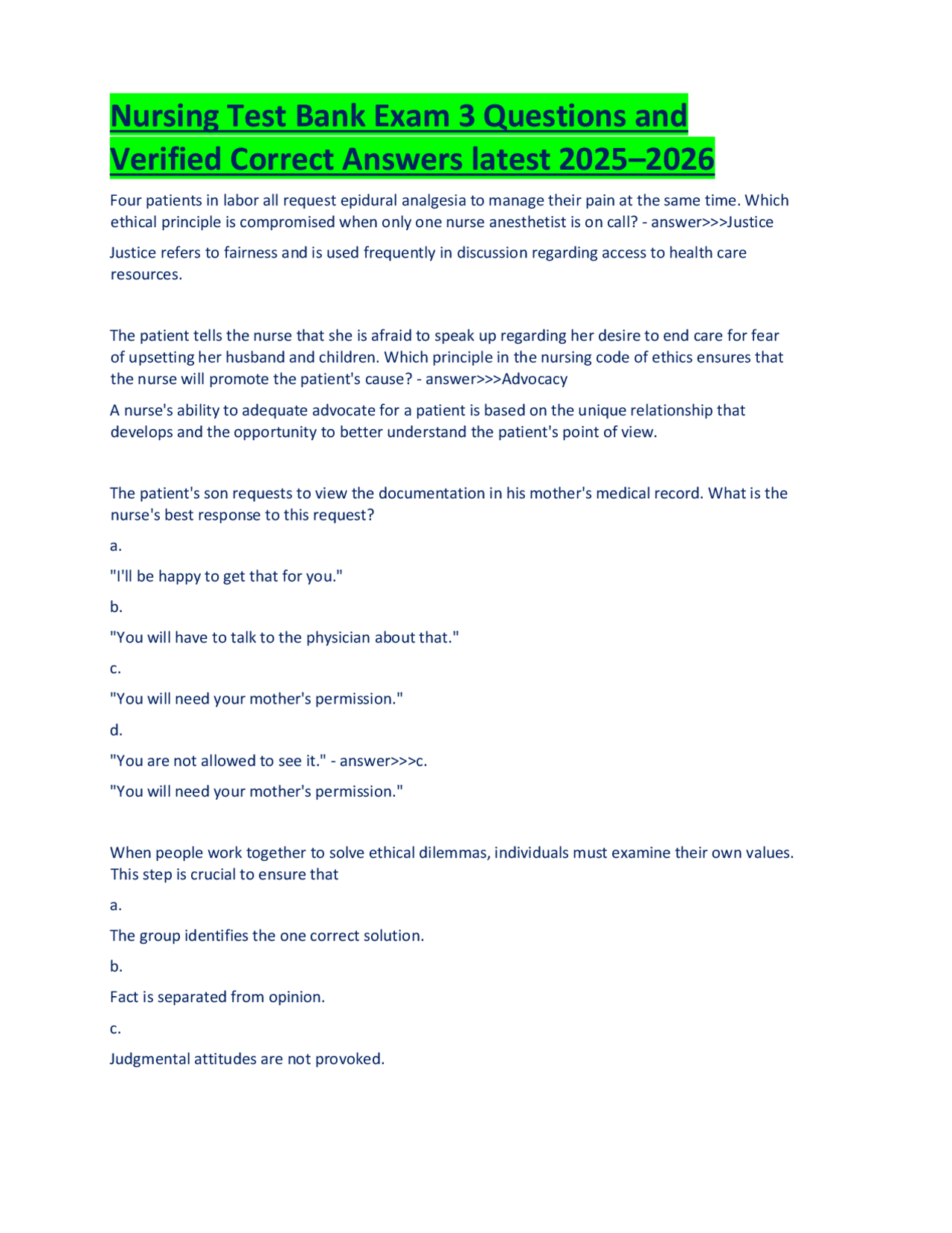 Nursing Test Bank Exam 3 Questions and Verified Correct Answers latest ...