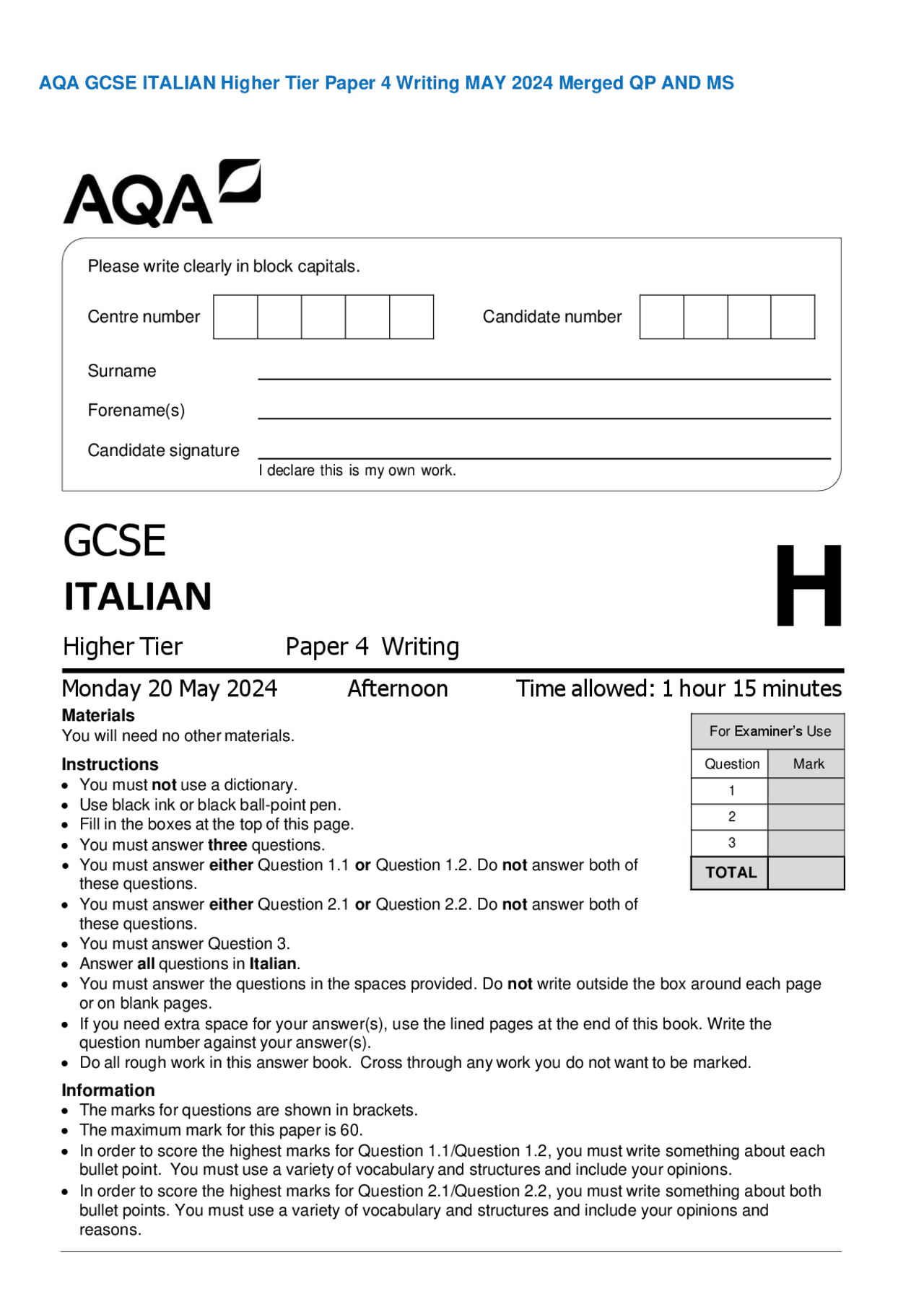 AQA GCSE ITALIAN Higher Tier Paper 4 Writing MAY 2024 Merged QP AND MS ...