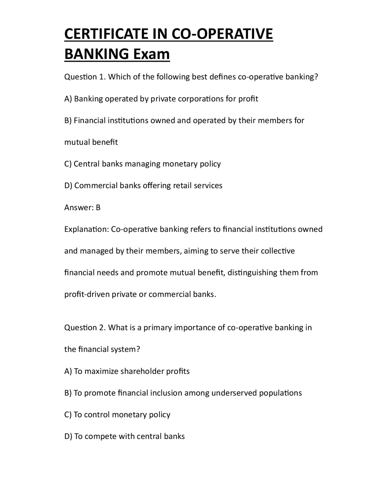 CERTIFICATE IN CO-OPERATIVE BANKING Exam | Exams Technology | Docsity