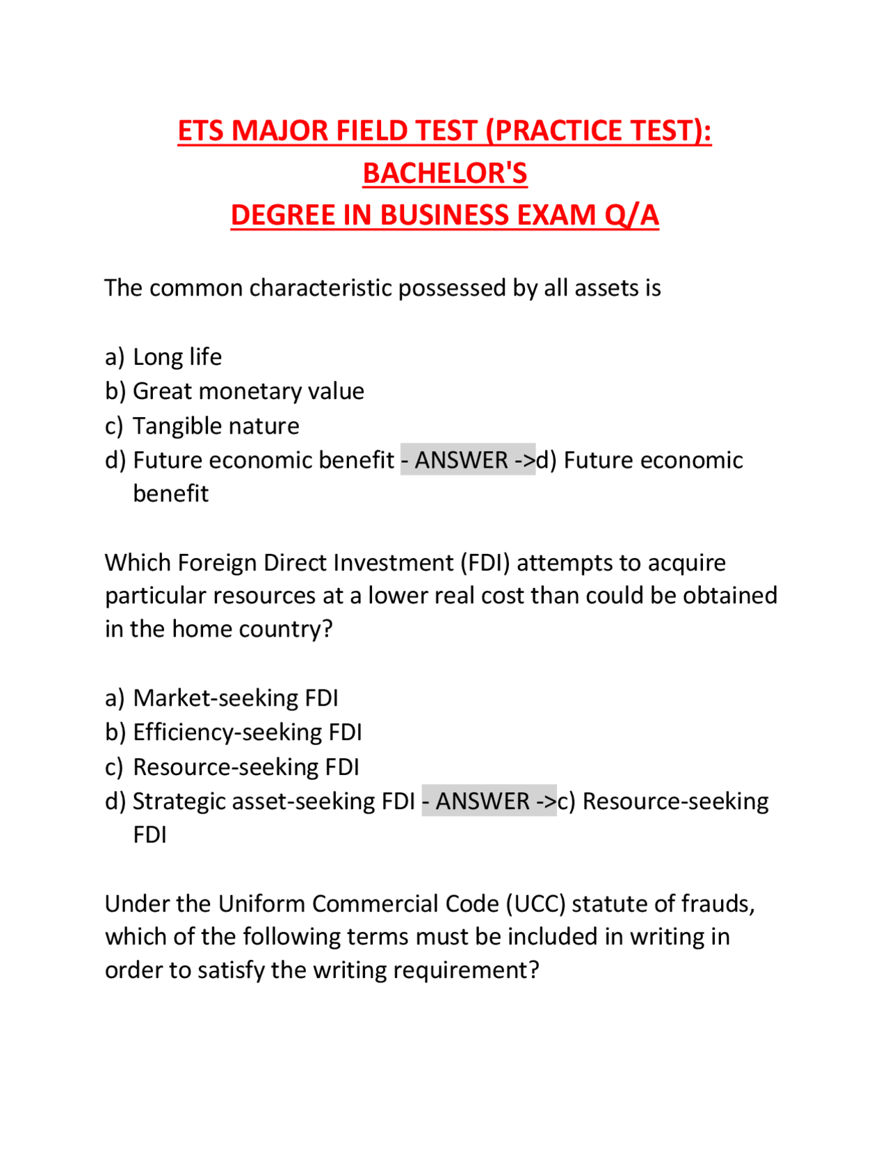 ETS MAJOR FIELD TEST (PRACTICE TEST): BACHELOR'S DEGREE IN BUSINESS ...