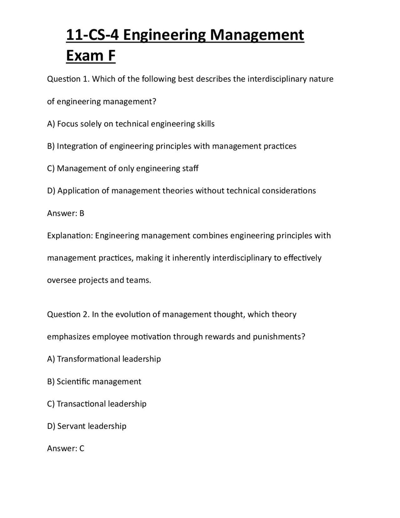 11-CS-4 Engineering Management Exam F | Exams Technology | Docsity