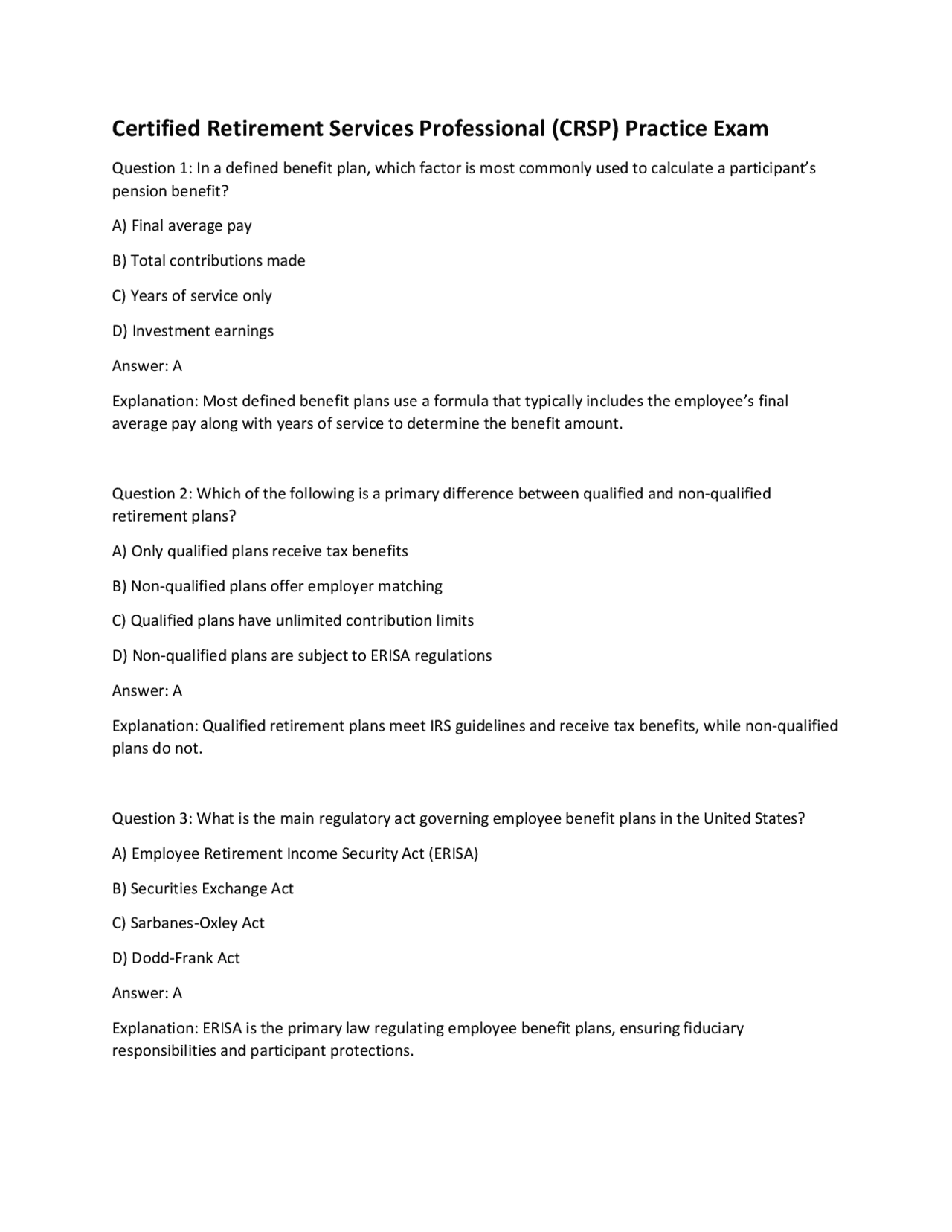 Certified Retirement Services Professional (CRSP) Exam" | Exams ...