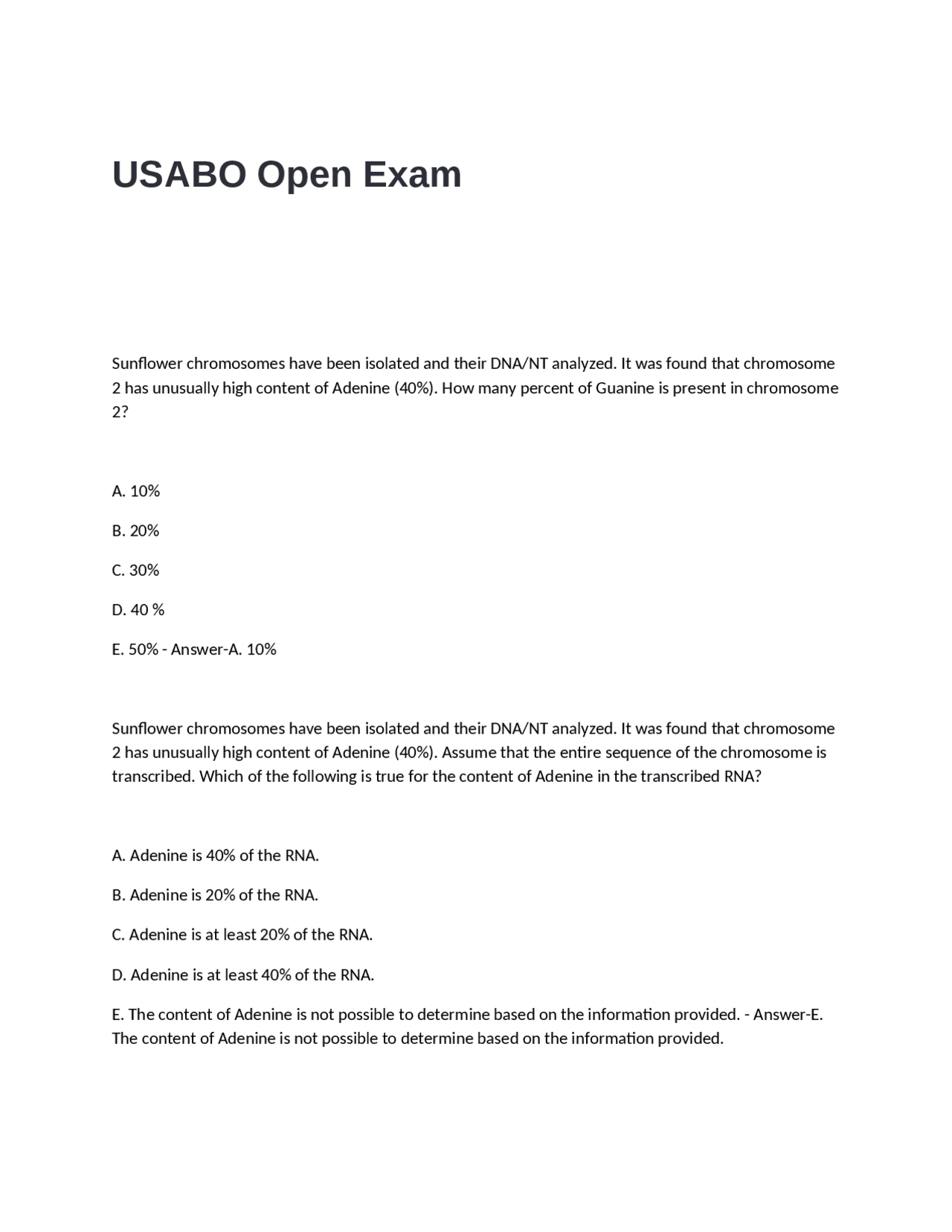 USABO Open Exam Questions with Correct Answers | Exams Nursing | Docsity