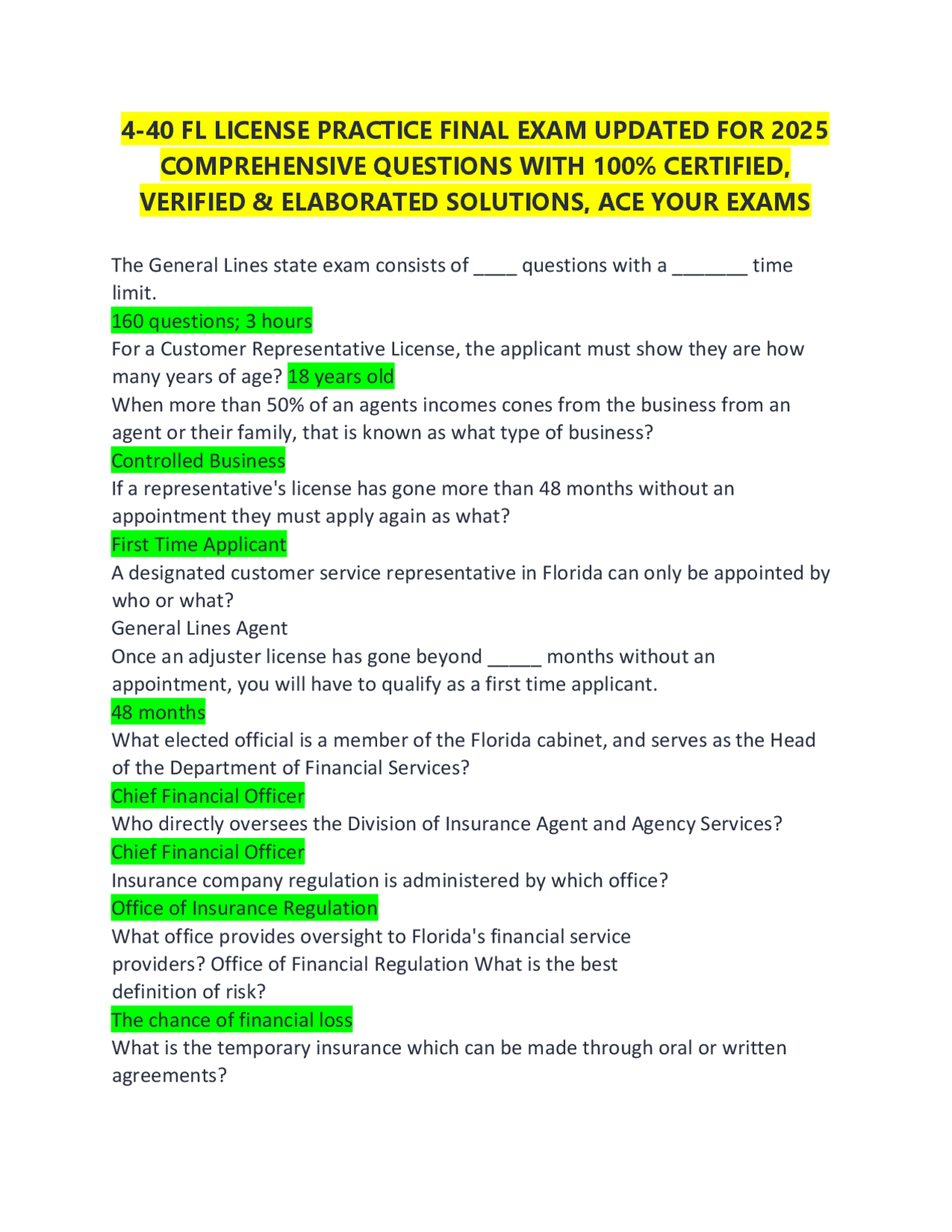 4-40 FL LICENSE PRACTICE FINAL EXAM UPDATED FOR 2025 COMPREHENSIVE ...
