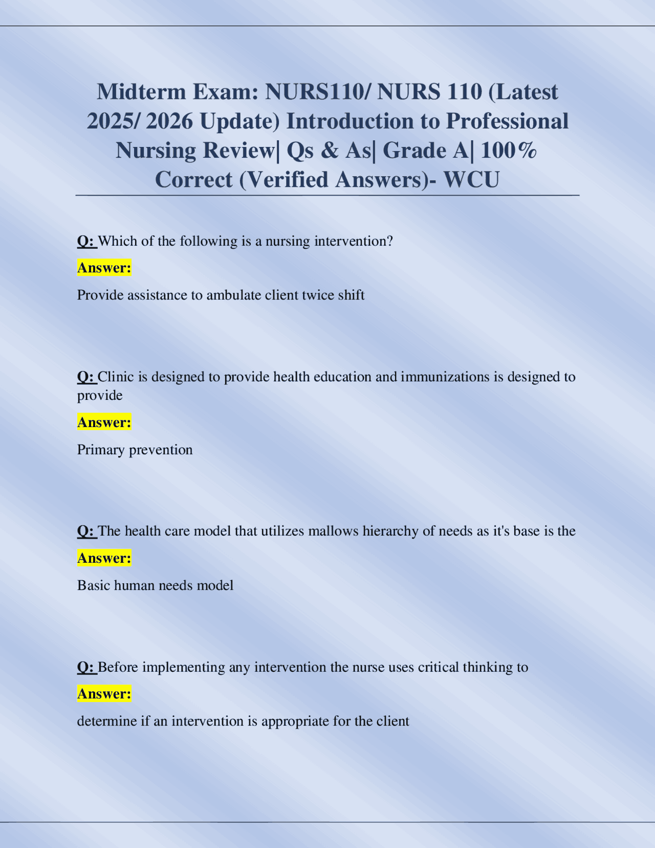 Midterm Exam: NURS110/ NURS 110 (Latest 2025/ 2026 Update) Introduction ...